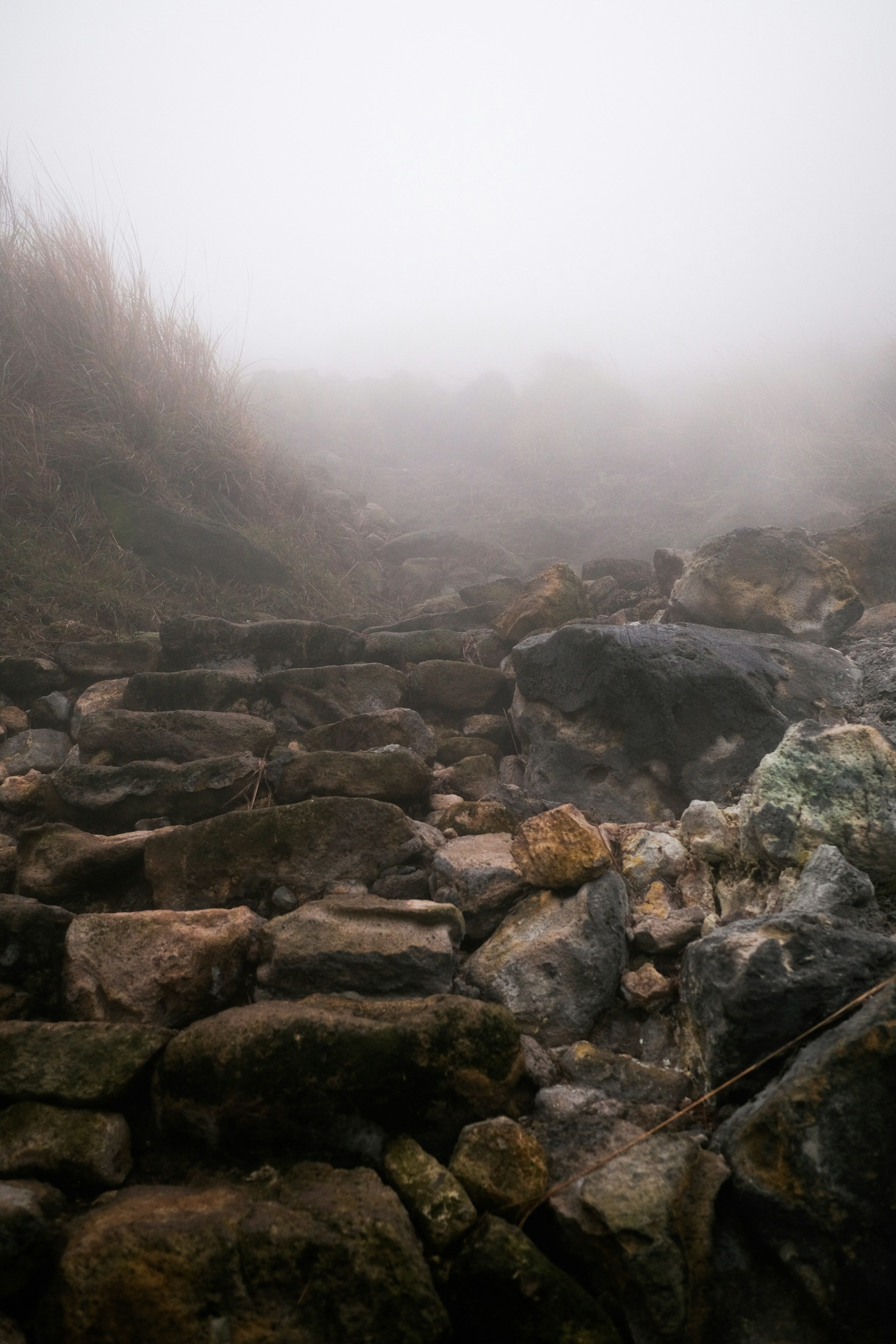 Fog over weathered steps: a rocky path into the mist