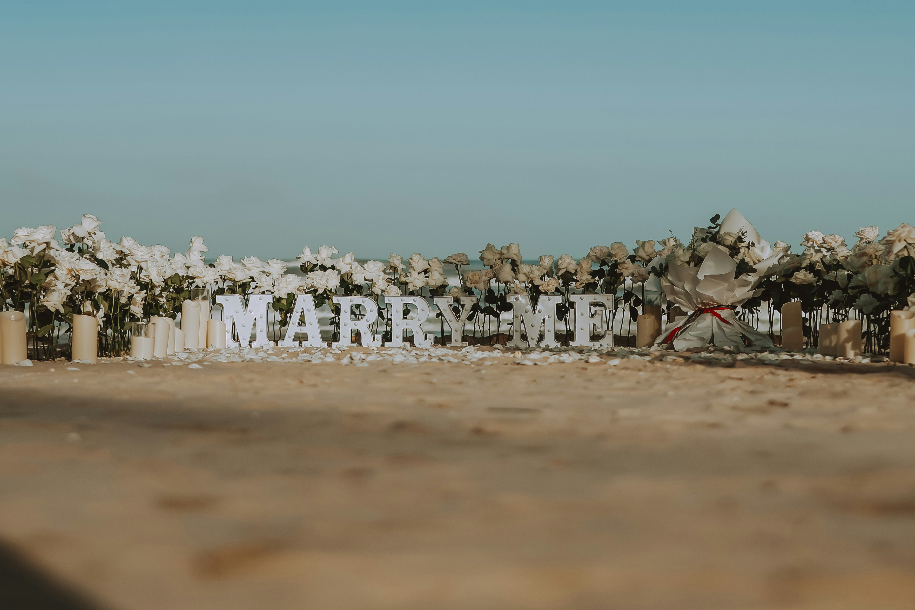 Shimmering vows on a sandy horizon