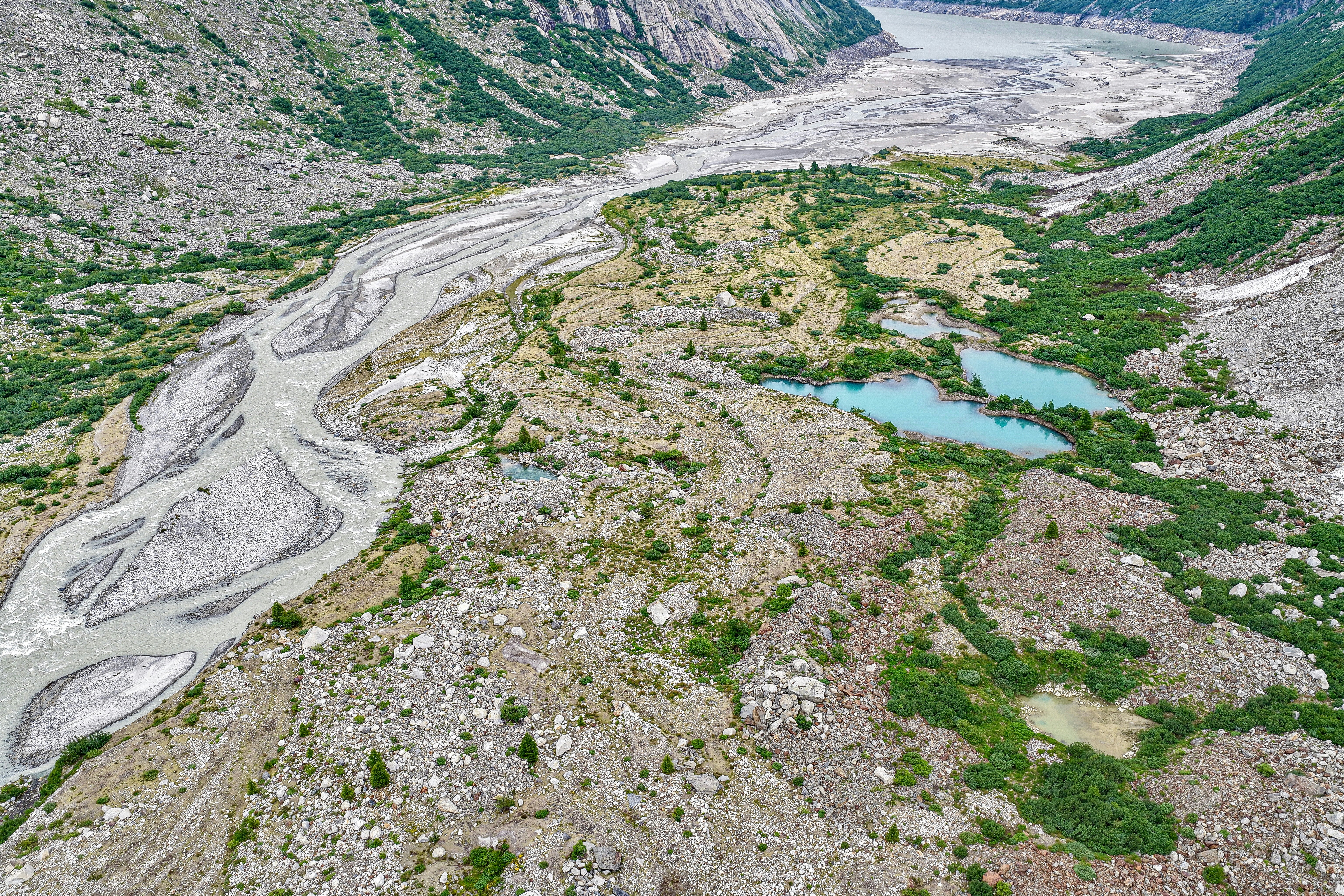 Glacial River Delta Carved Through Alpine Terrain
