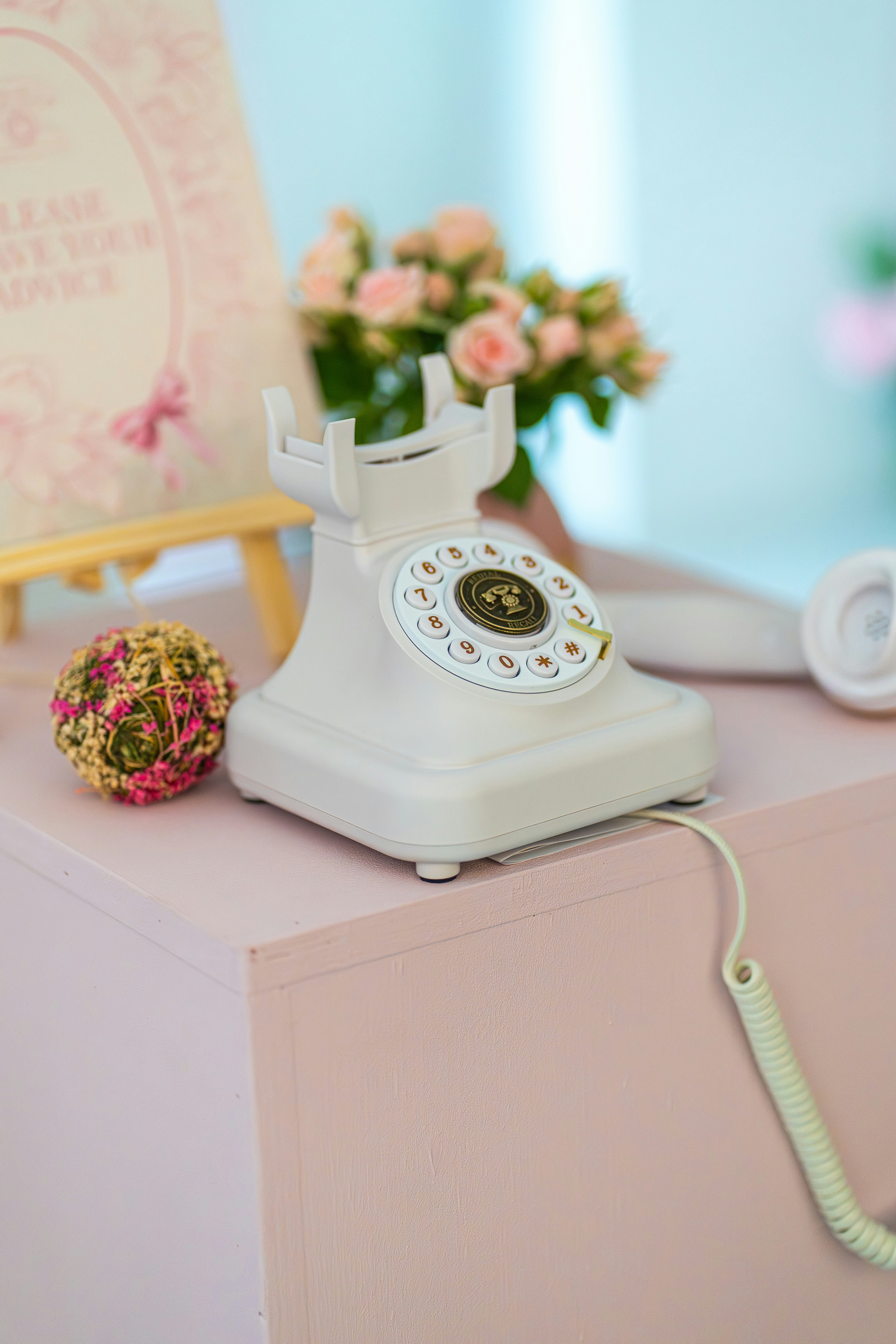 Retro Pink: A pastel telephone on a soft vignette of flowers