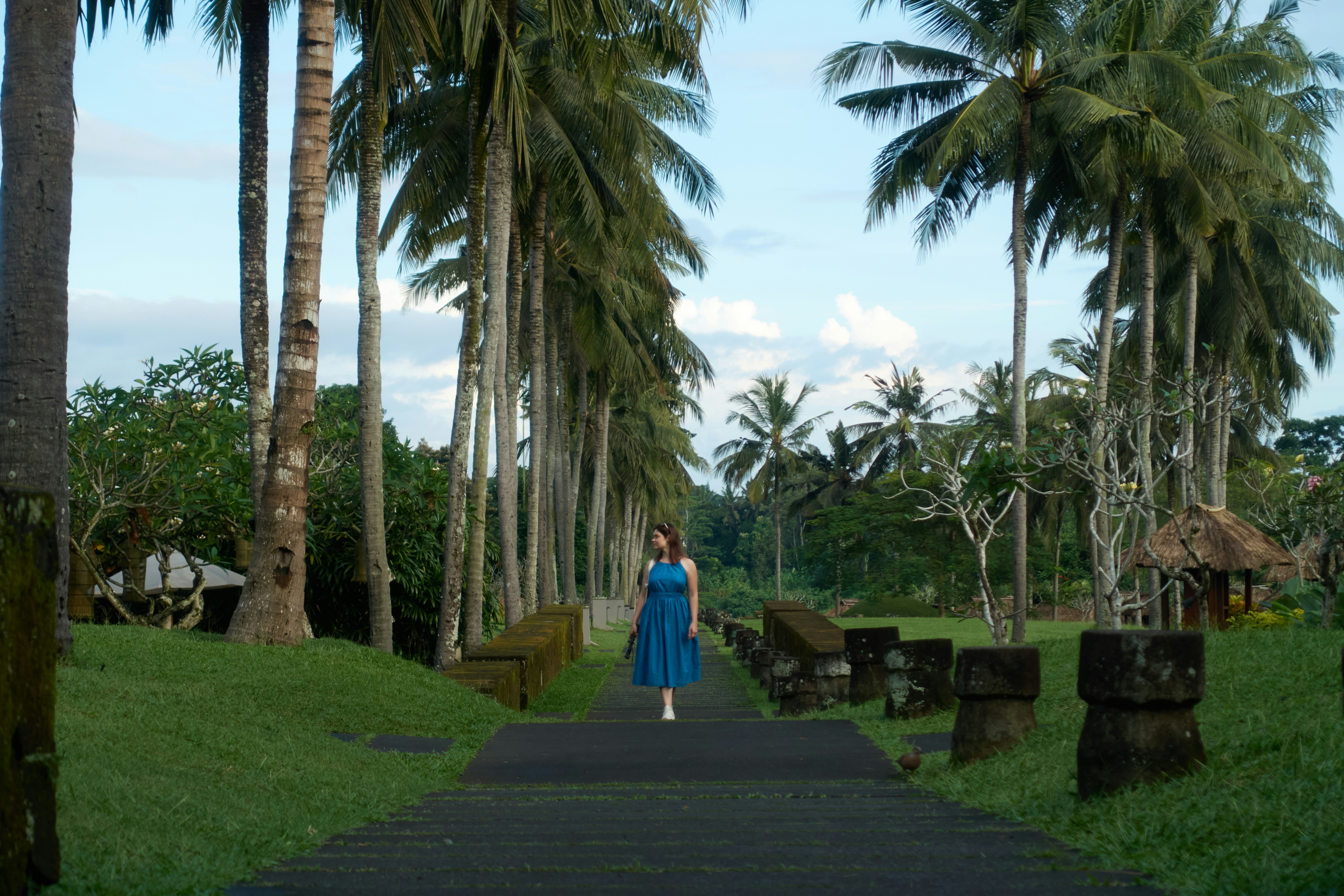 A woman in a blue dress walks along a palm-lined boardwalk in a tropical park; the scene emphasizes depth with receding trees and distant huts.