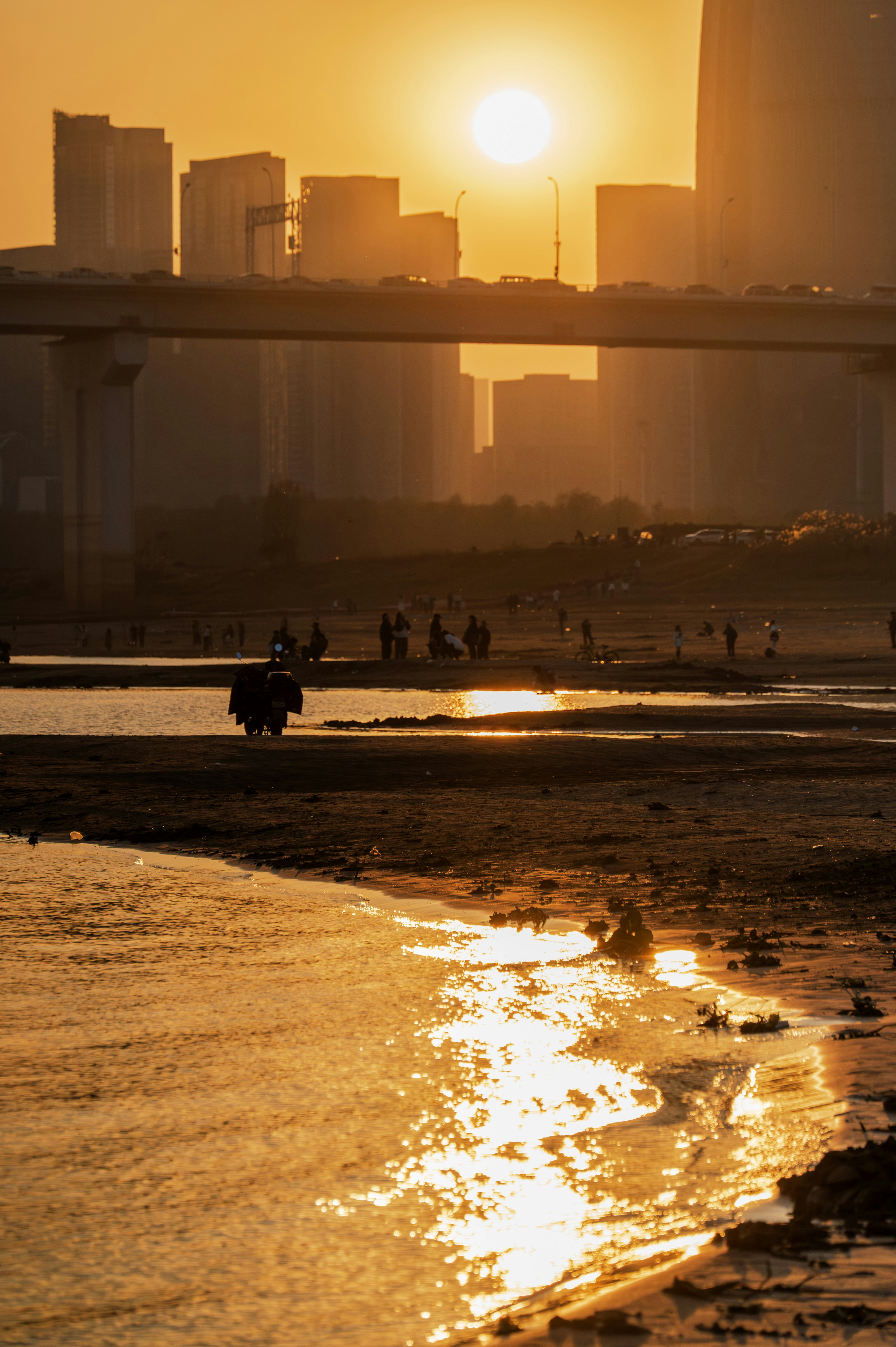Golden Shoreline: Dusk Light on a Quiet City Beach