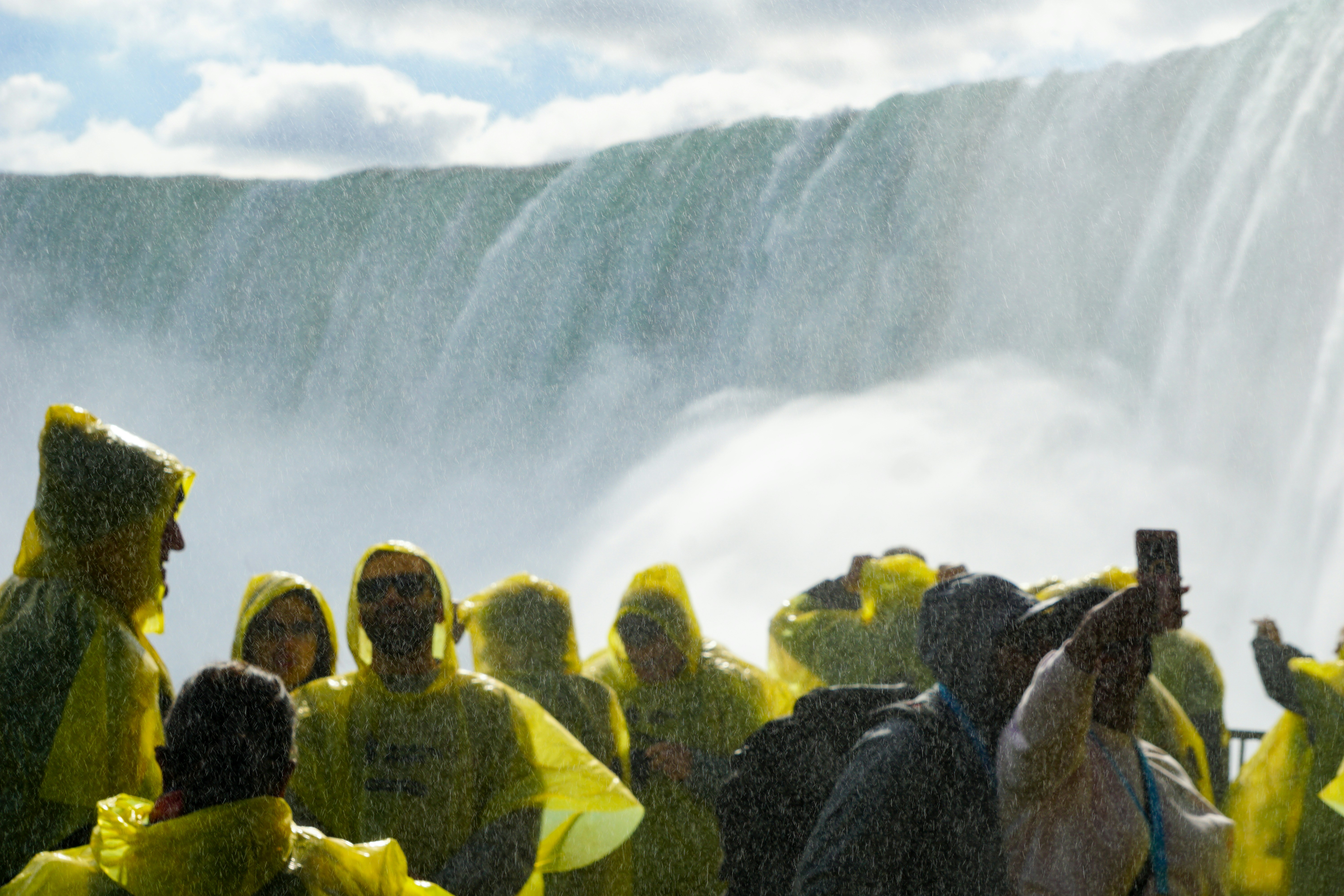 Yellow-hooded Tourists Confront a Mighty Cascade