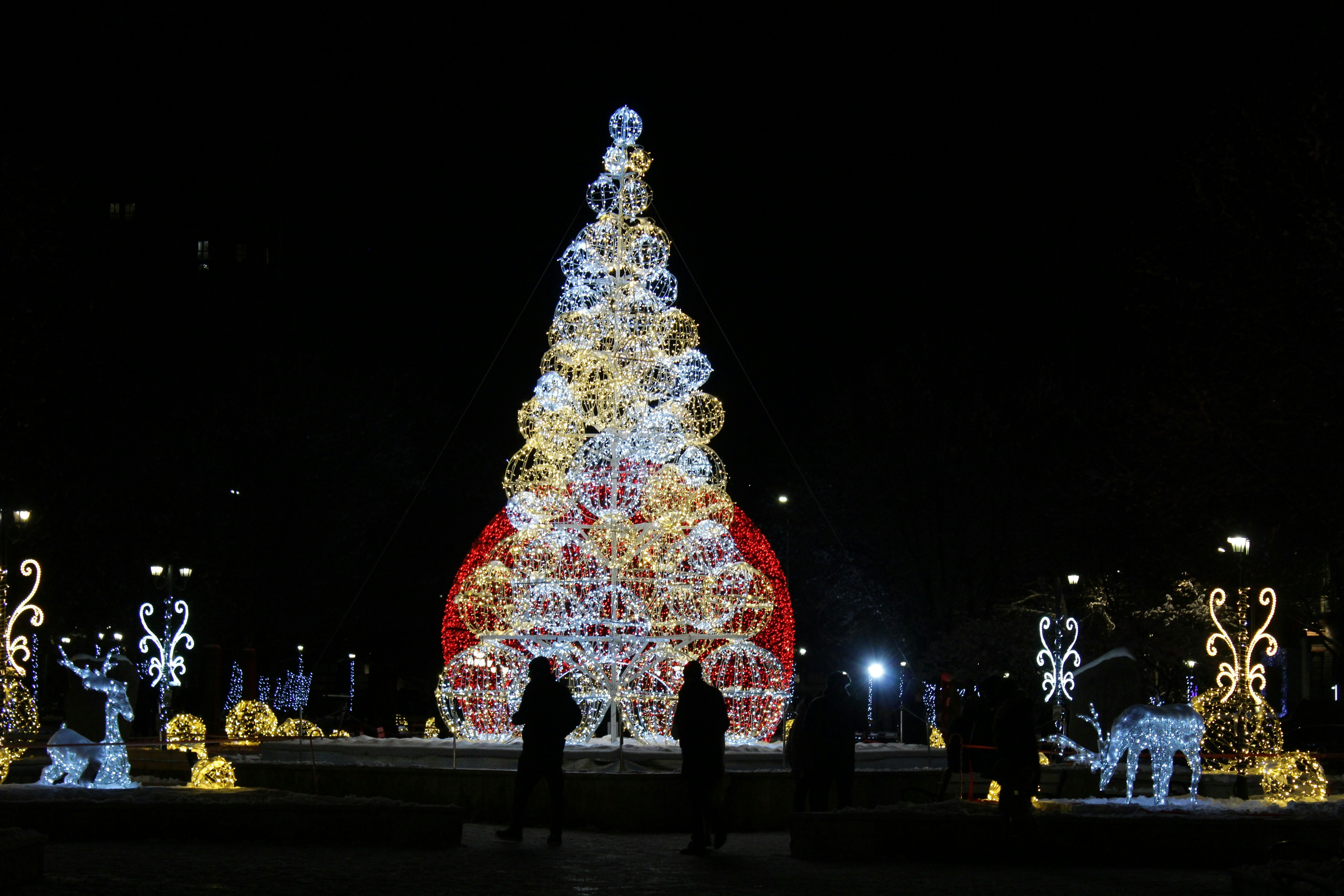 Illuminated Christmas Tree Framed by Frosted Light Sculptures