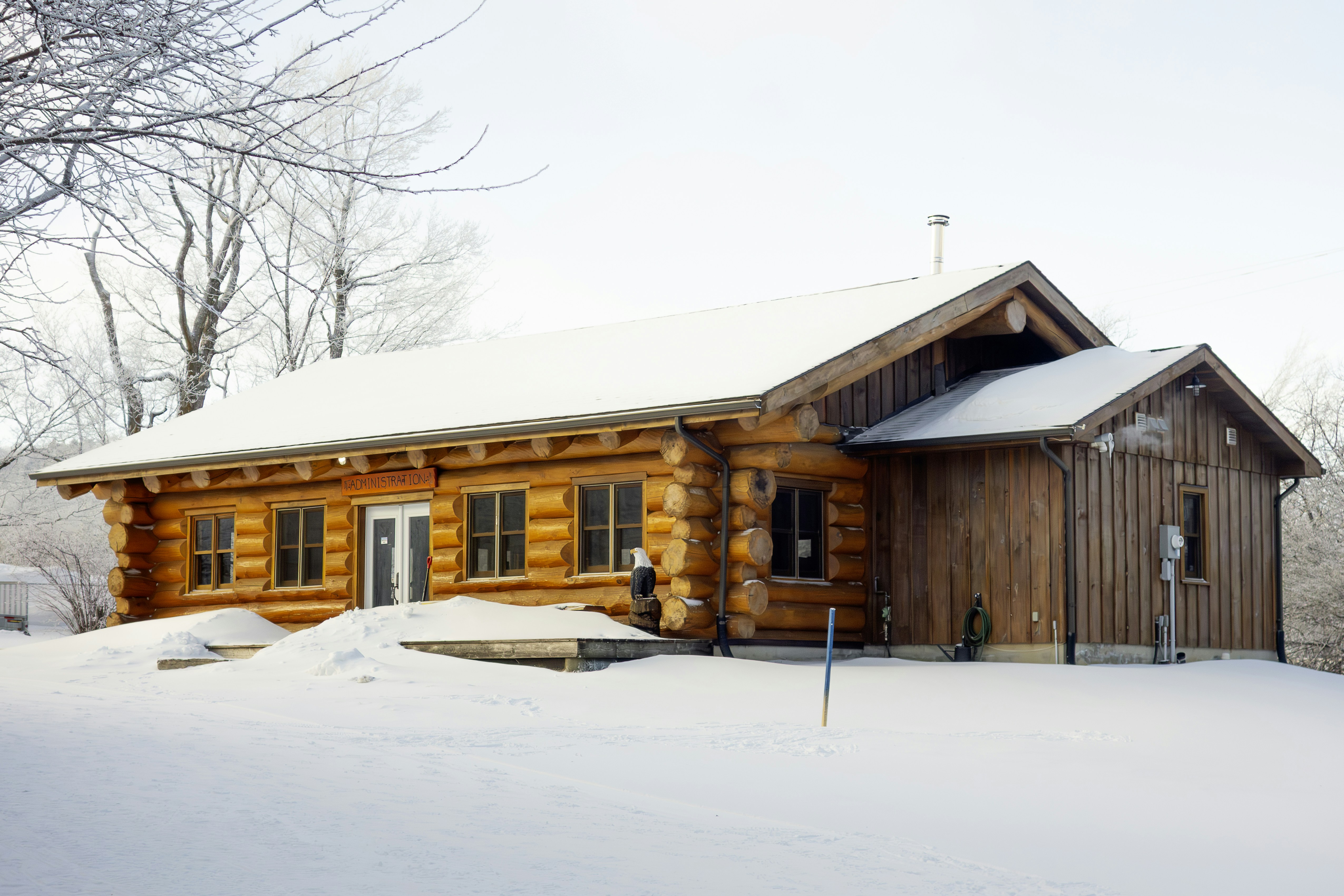 An administration cabin of a snowshoeing trail