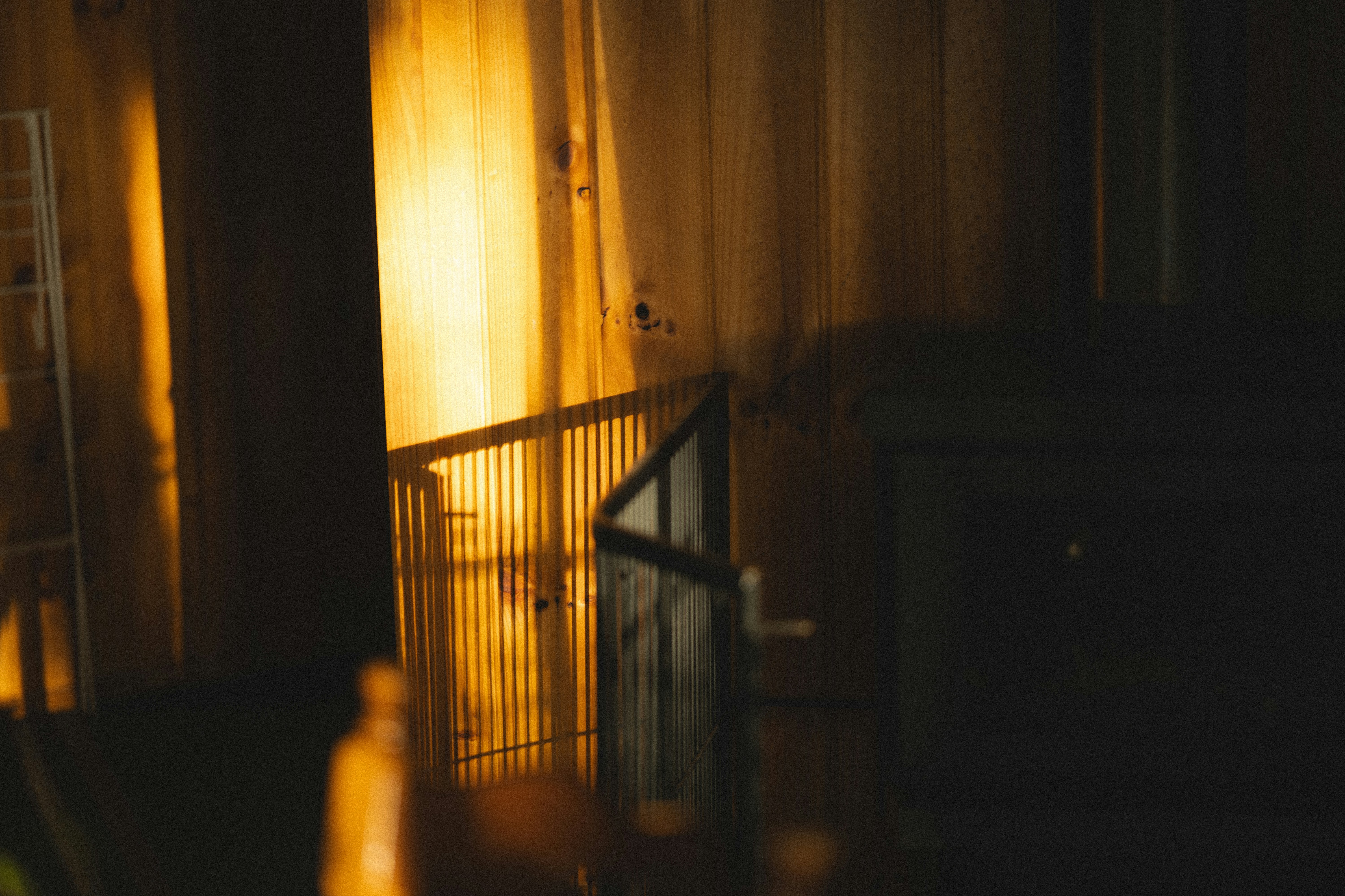 Dim Corridor Glow: A Quiet Moment by a Gated Stairwell