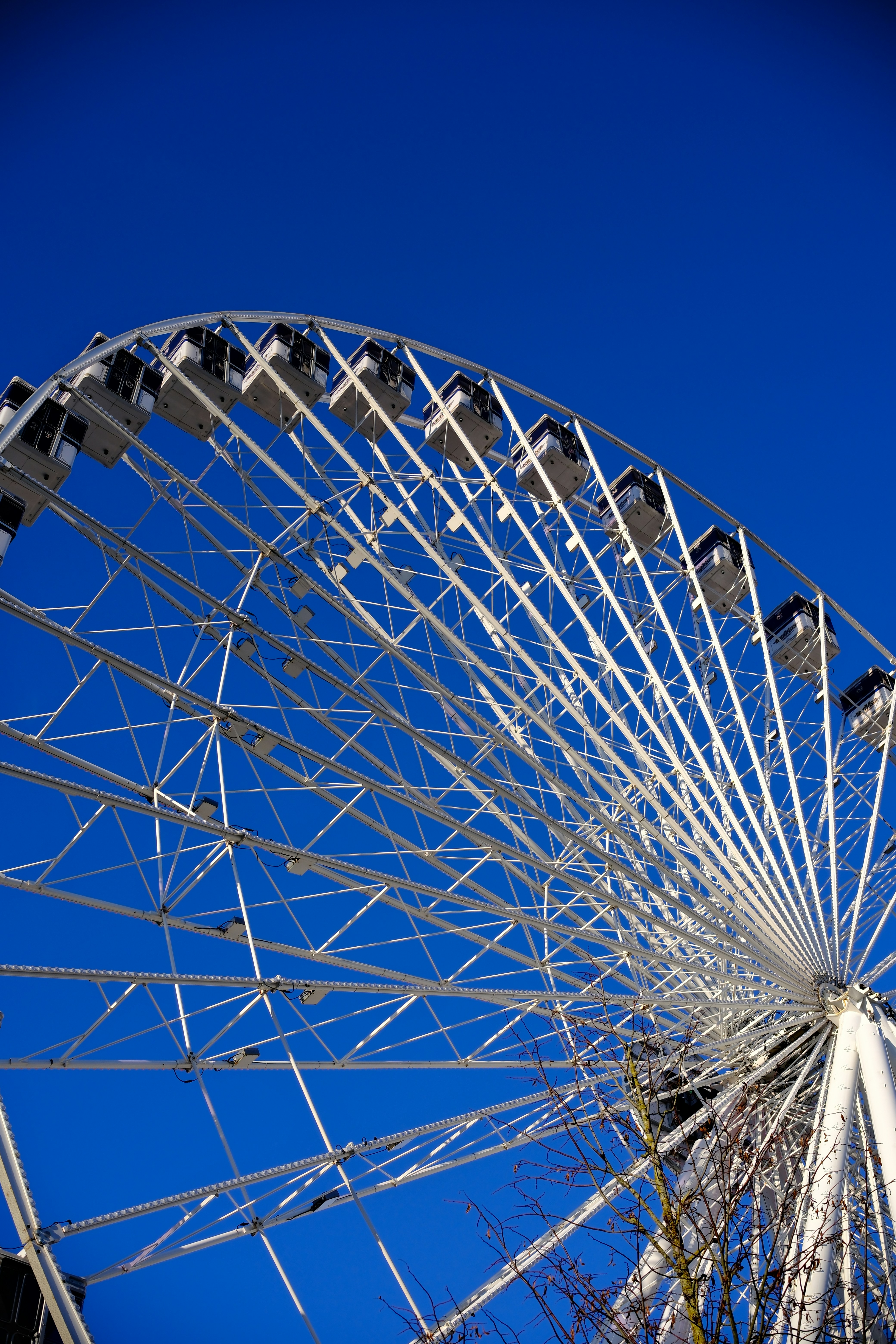 Spoked Horizon: A White Ferris Wheel Bends Against a Deep Blue Sky