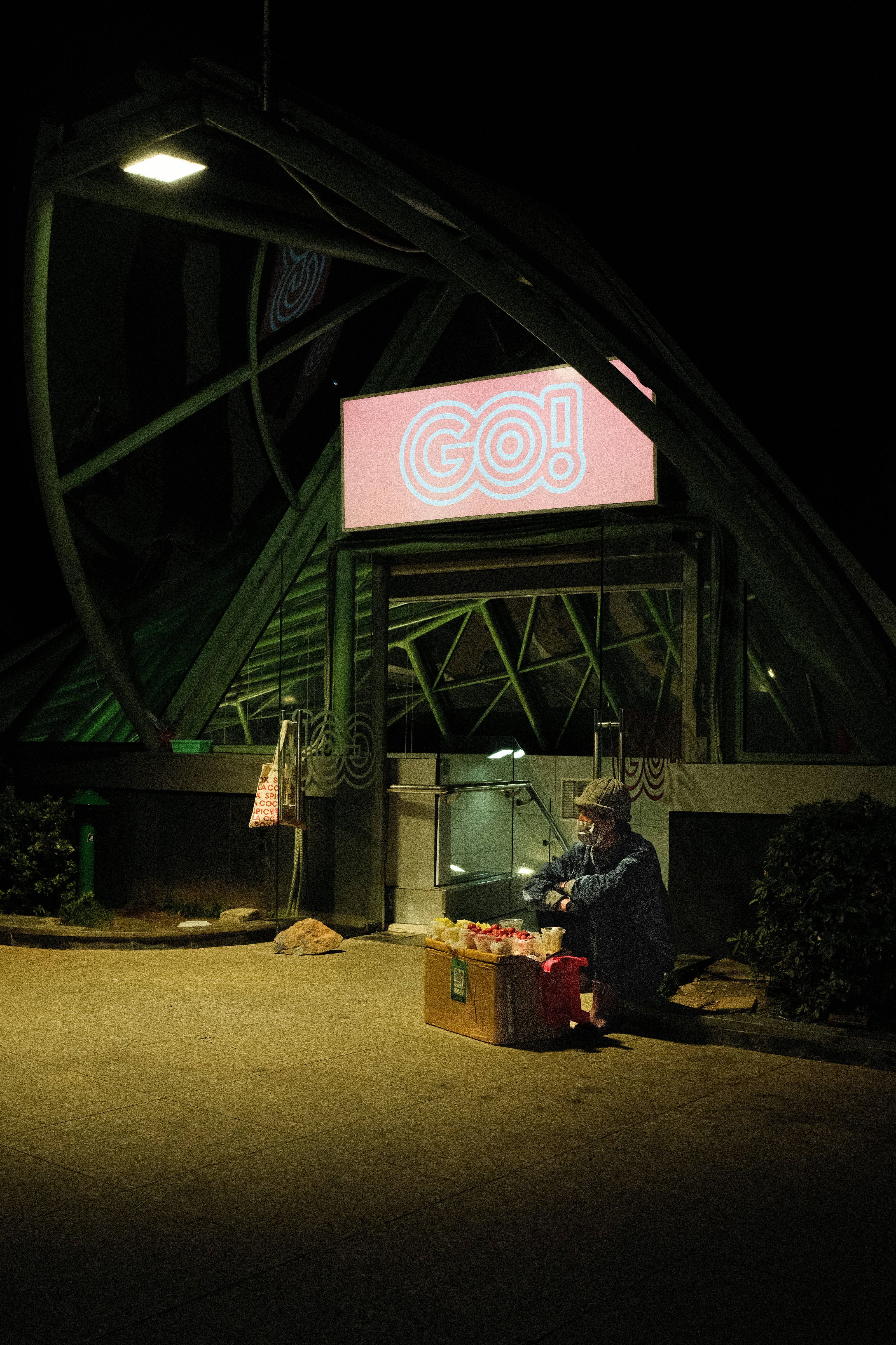 Night Market Vendor Beneath the Go! Sign