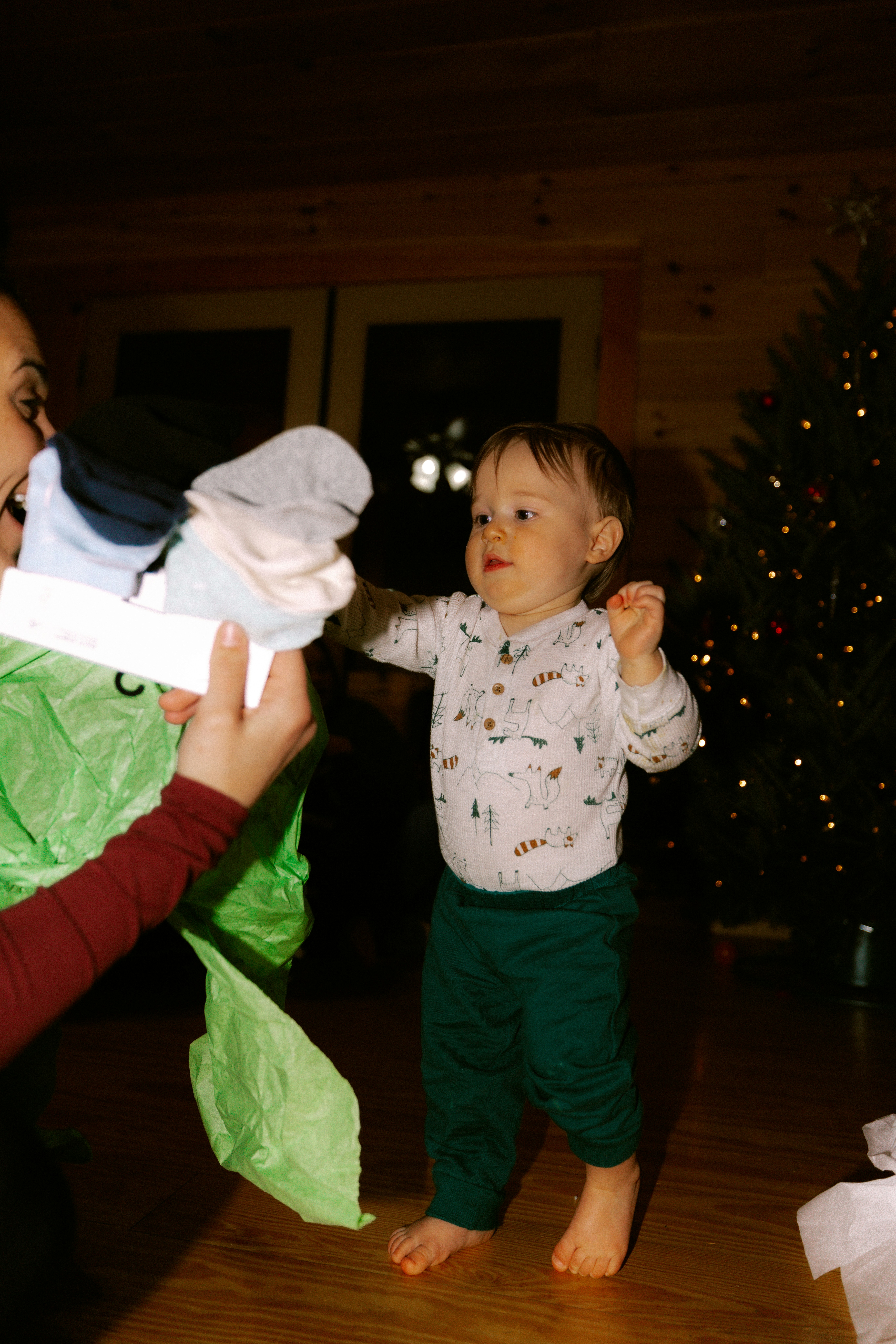 Tiny Explorer Reaches for a Wrapped Surprise in a Festive Living Room