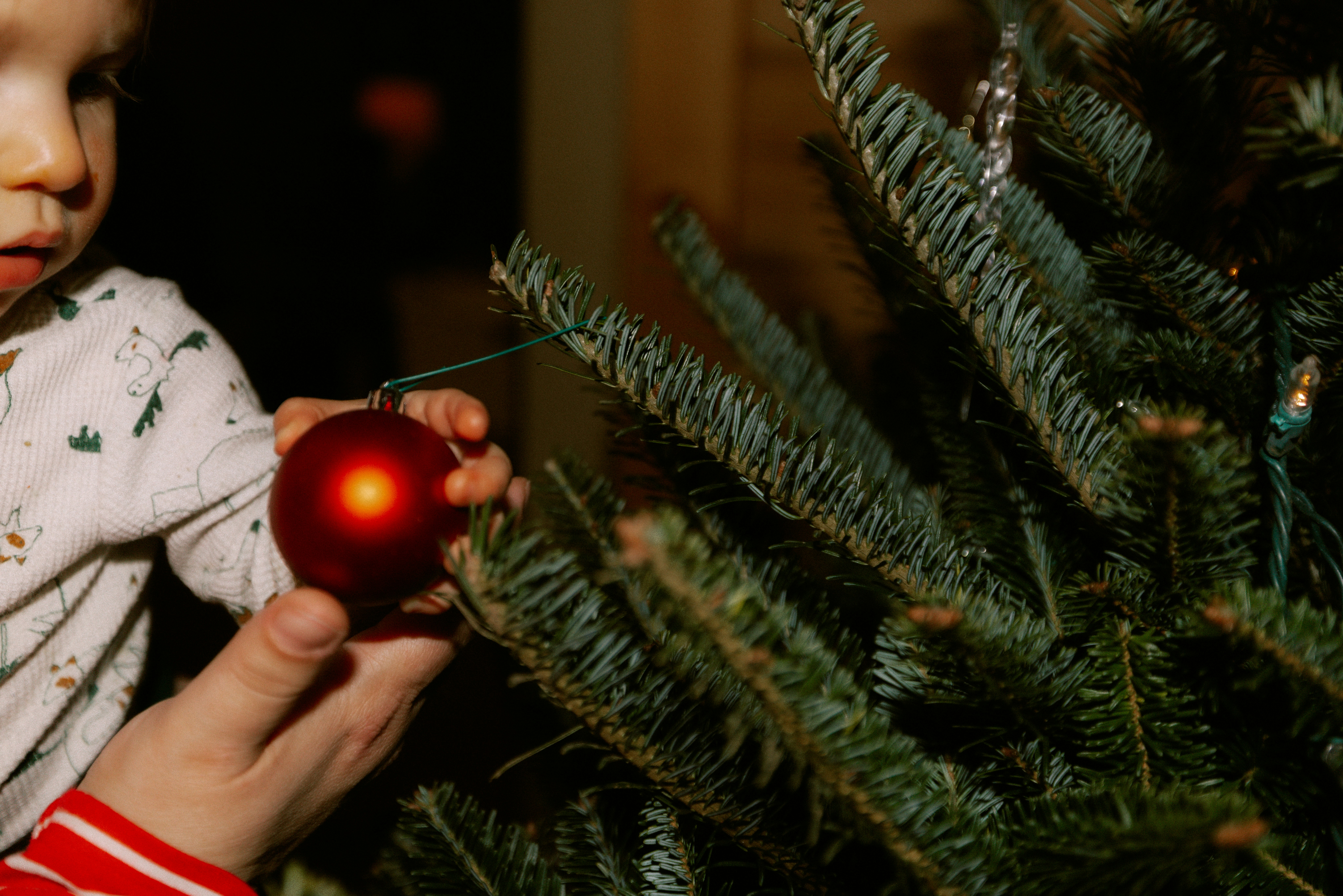 Holding Christmas in Focus: A Child and Ornament beside the Tree