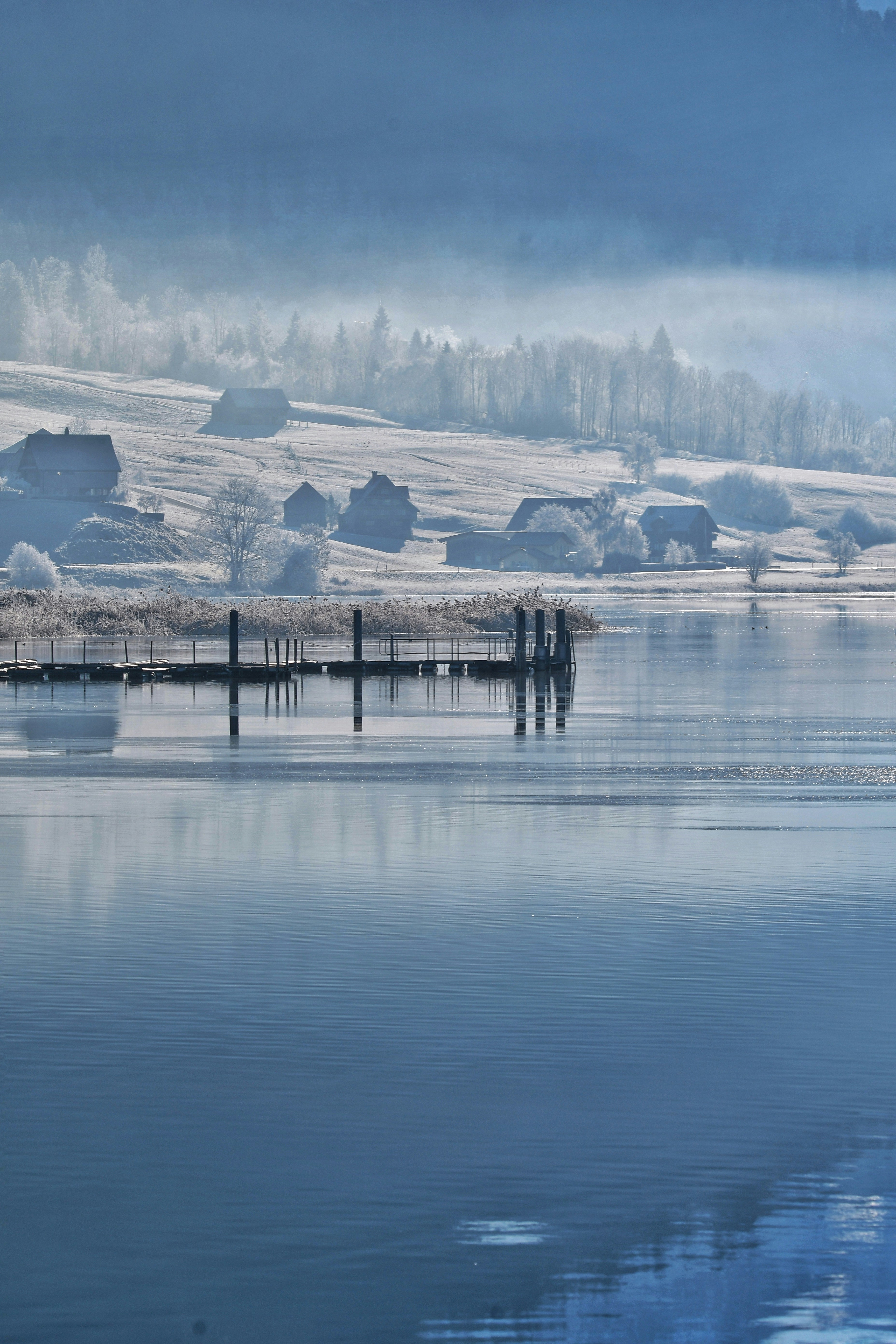 Frozen Edge: A Quiet Snow-Blanketed Village along a Misty Lake