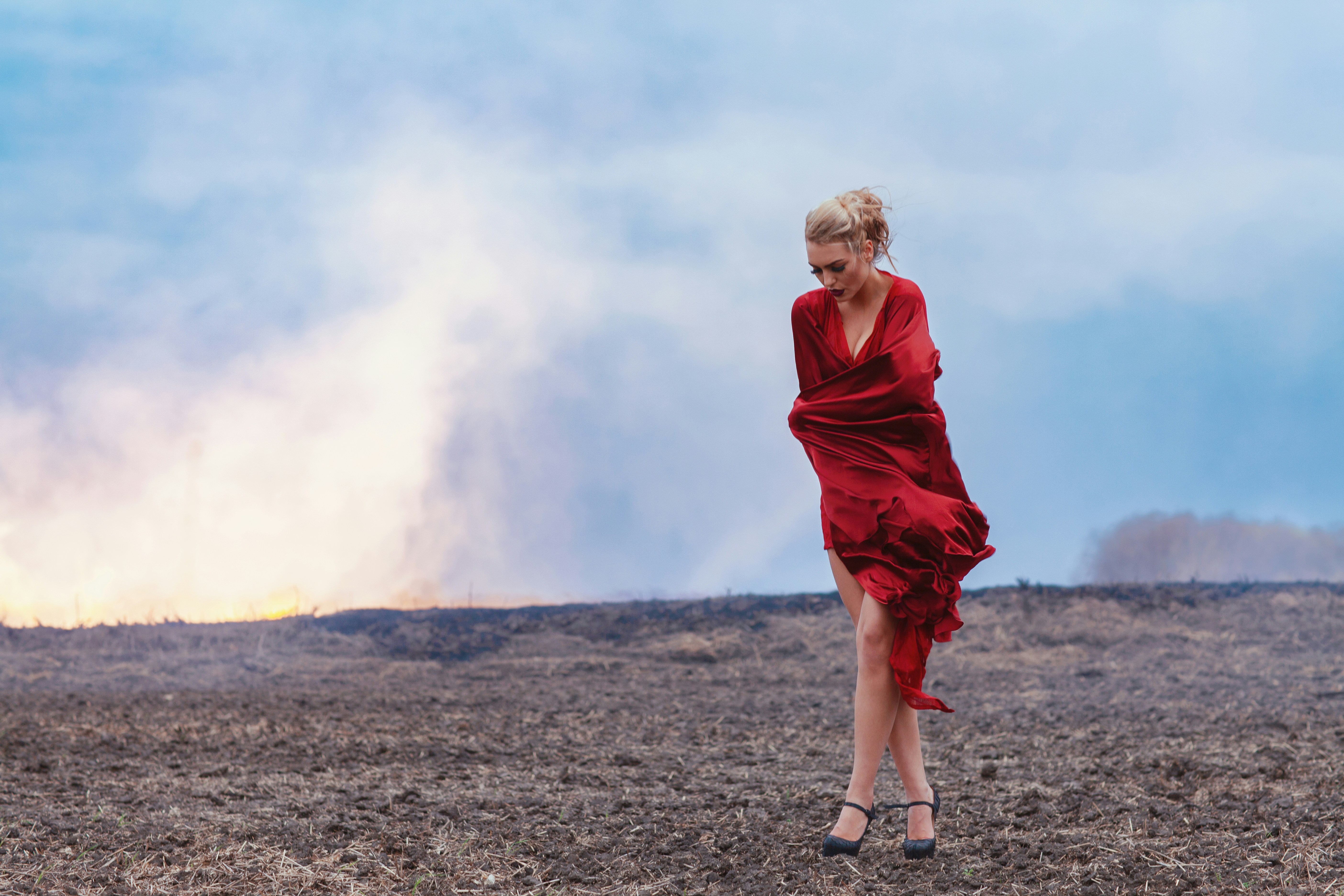 Red Dress on a Wind-swept Plain