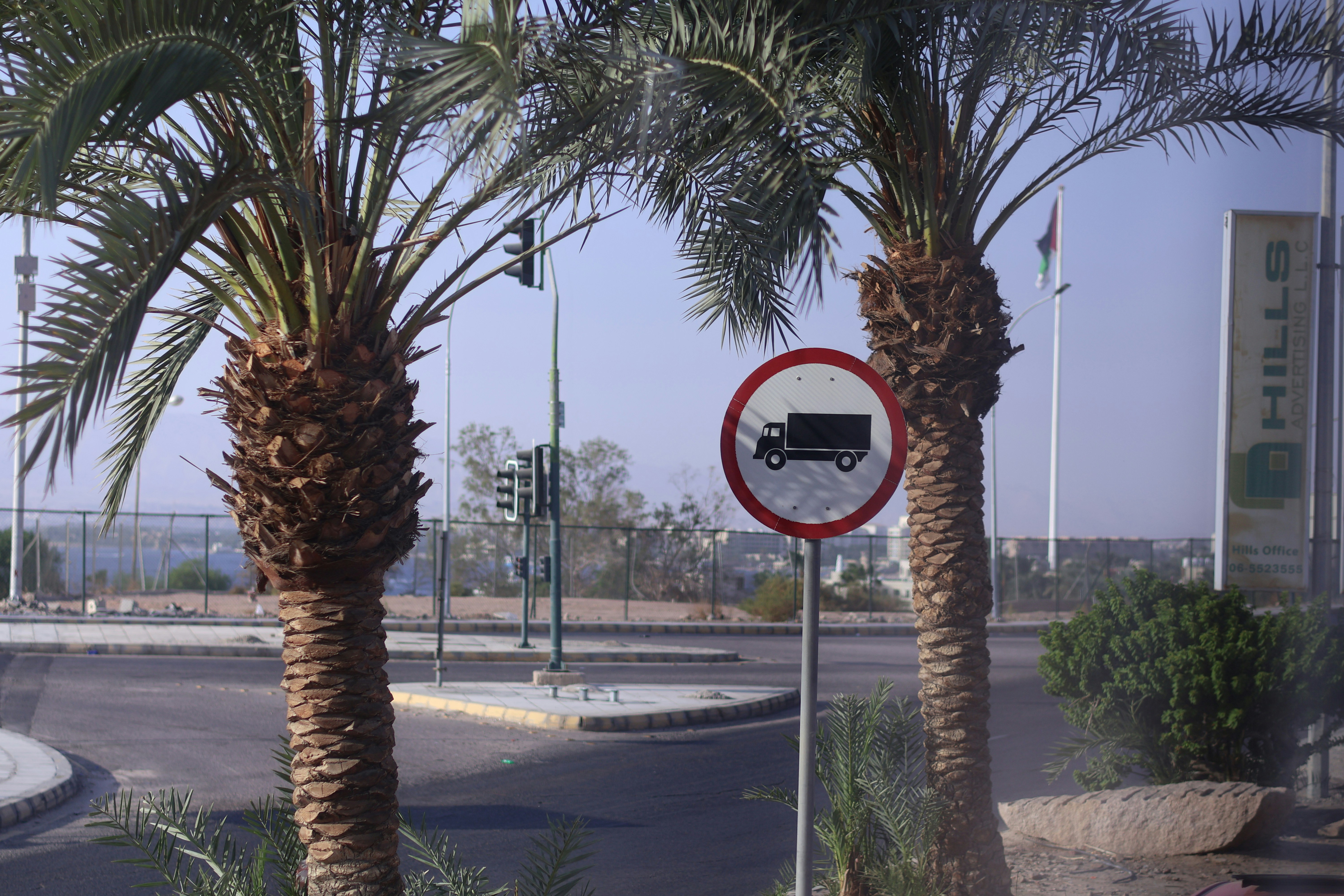 Truck prohibition sign between palm trees