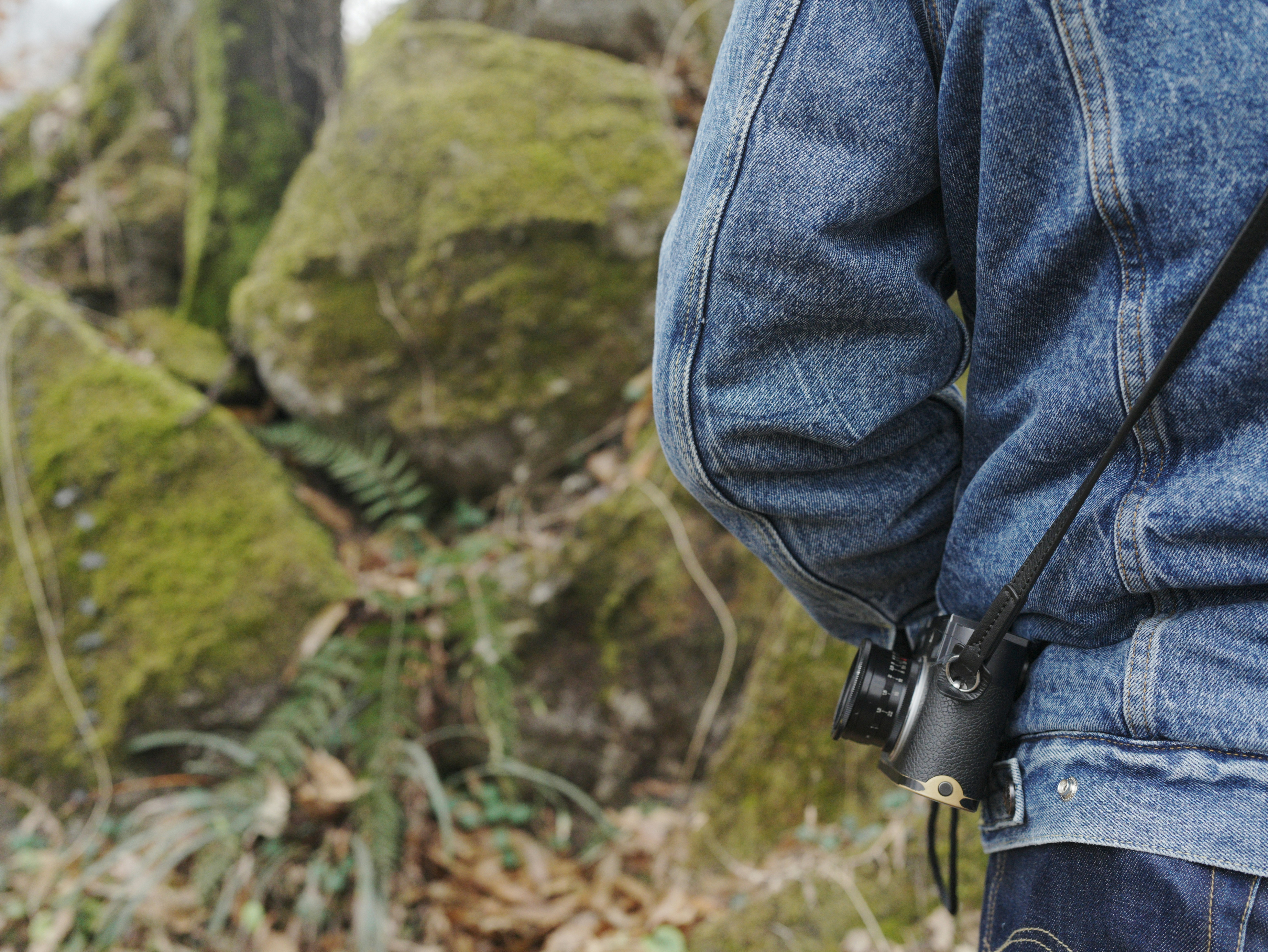 Camera and Gear Slung at the Ready in Mossy Woodland