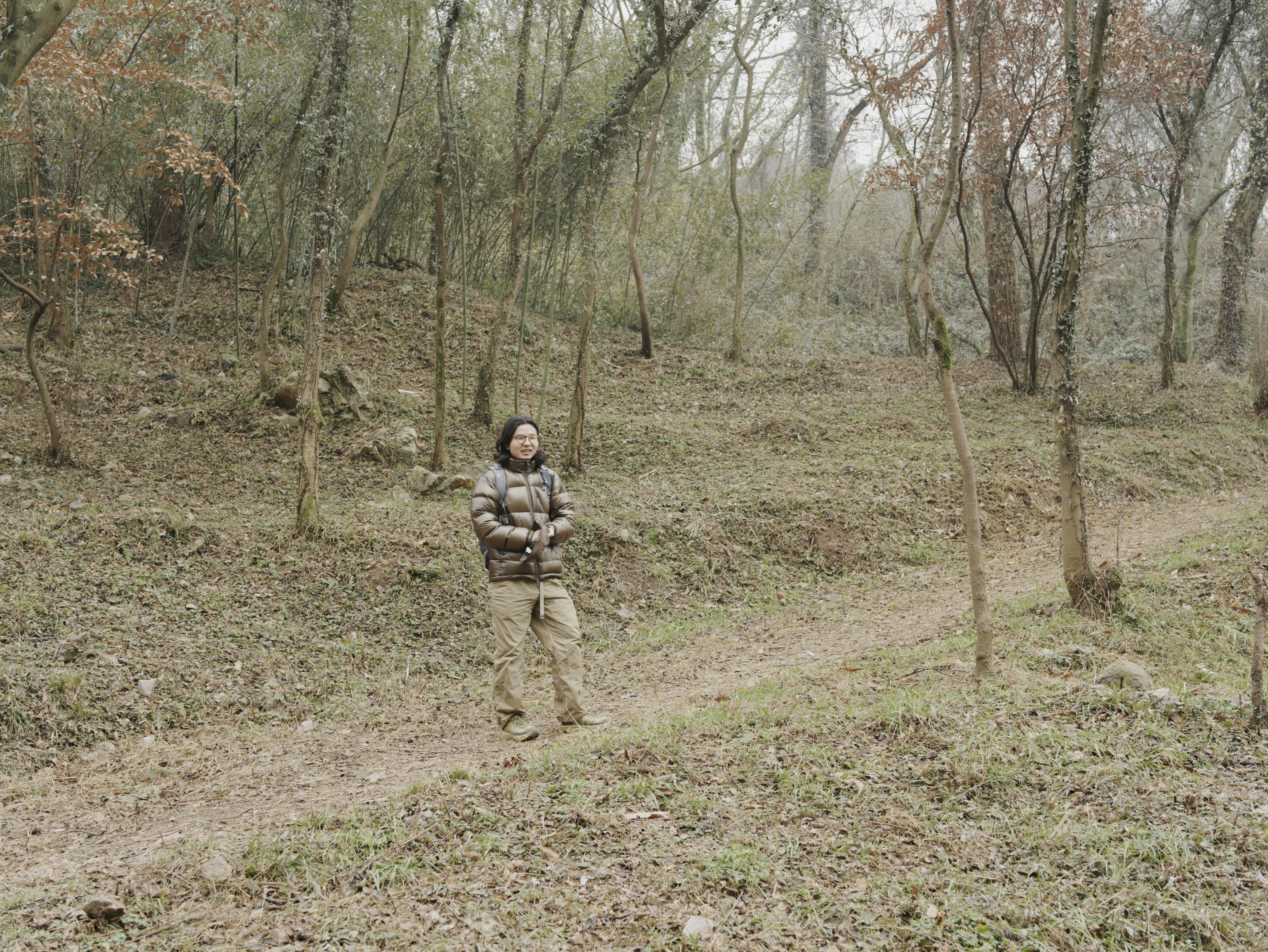 A solitary figure in a misty woodland