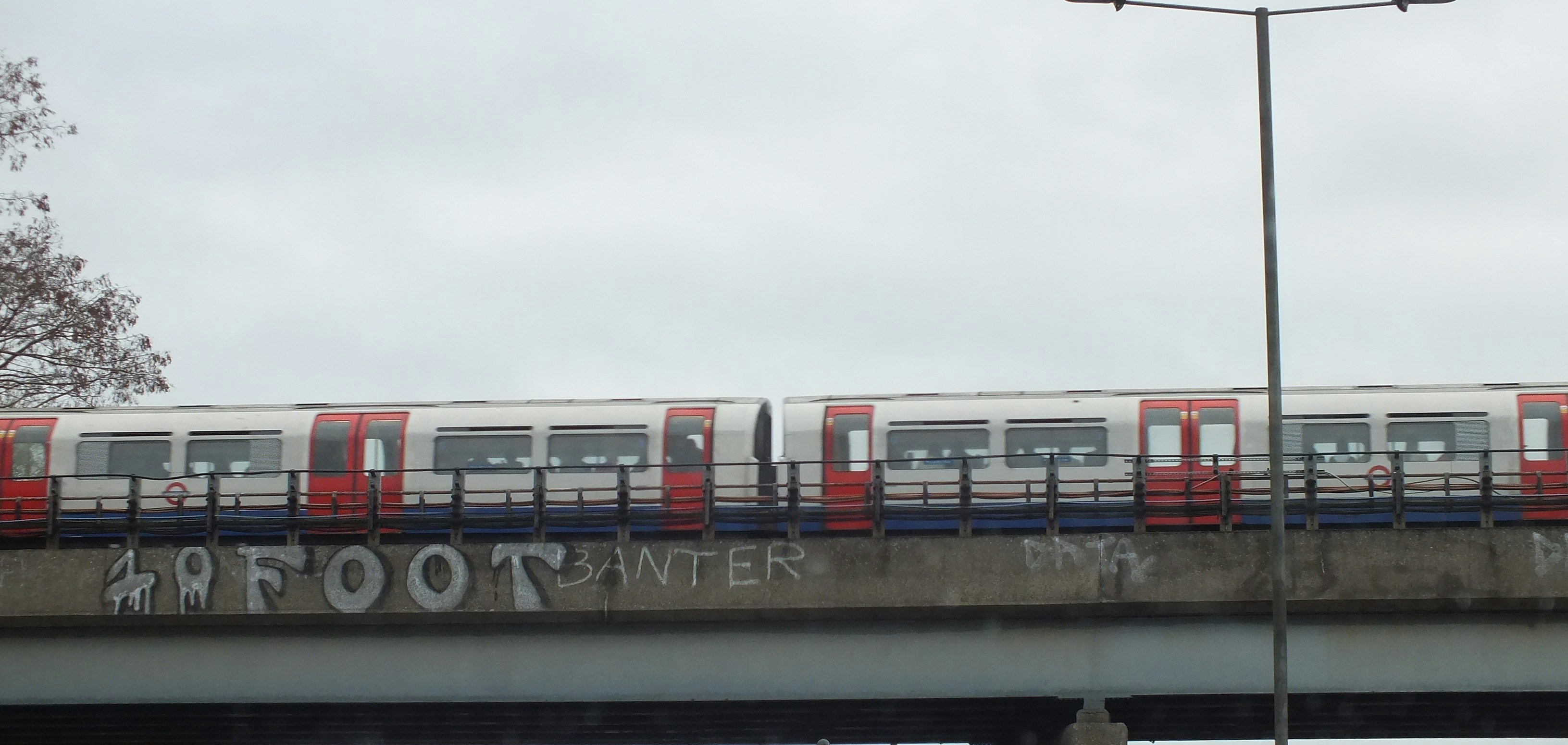 Train on elevated tracks with graffiti below
