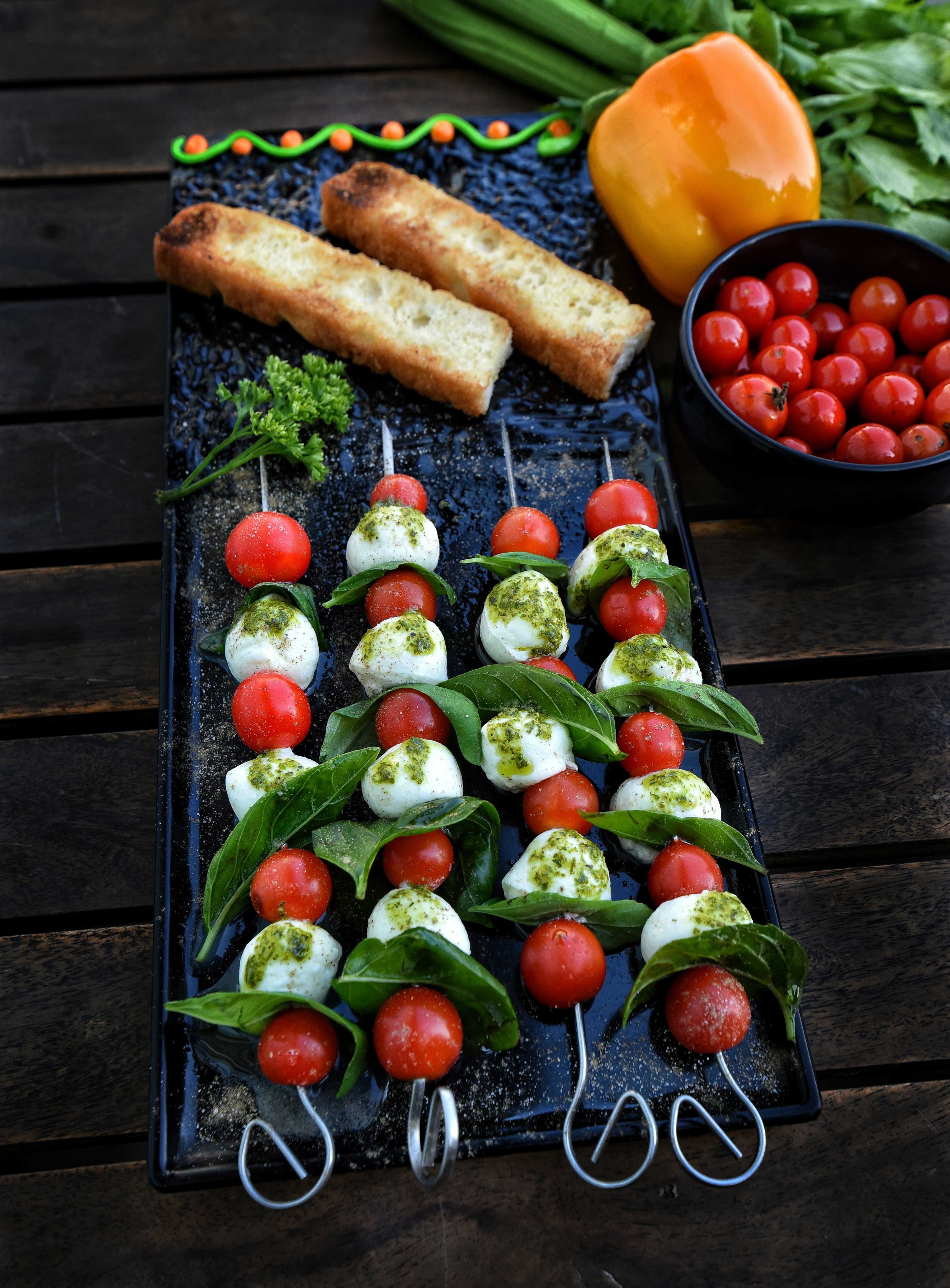 Skewered Caprese on a Rustic Tray