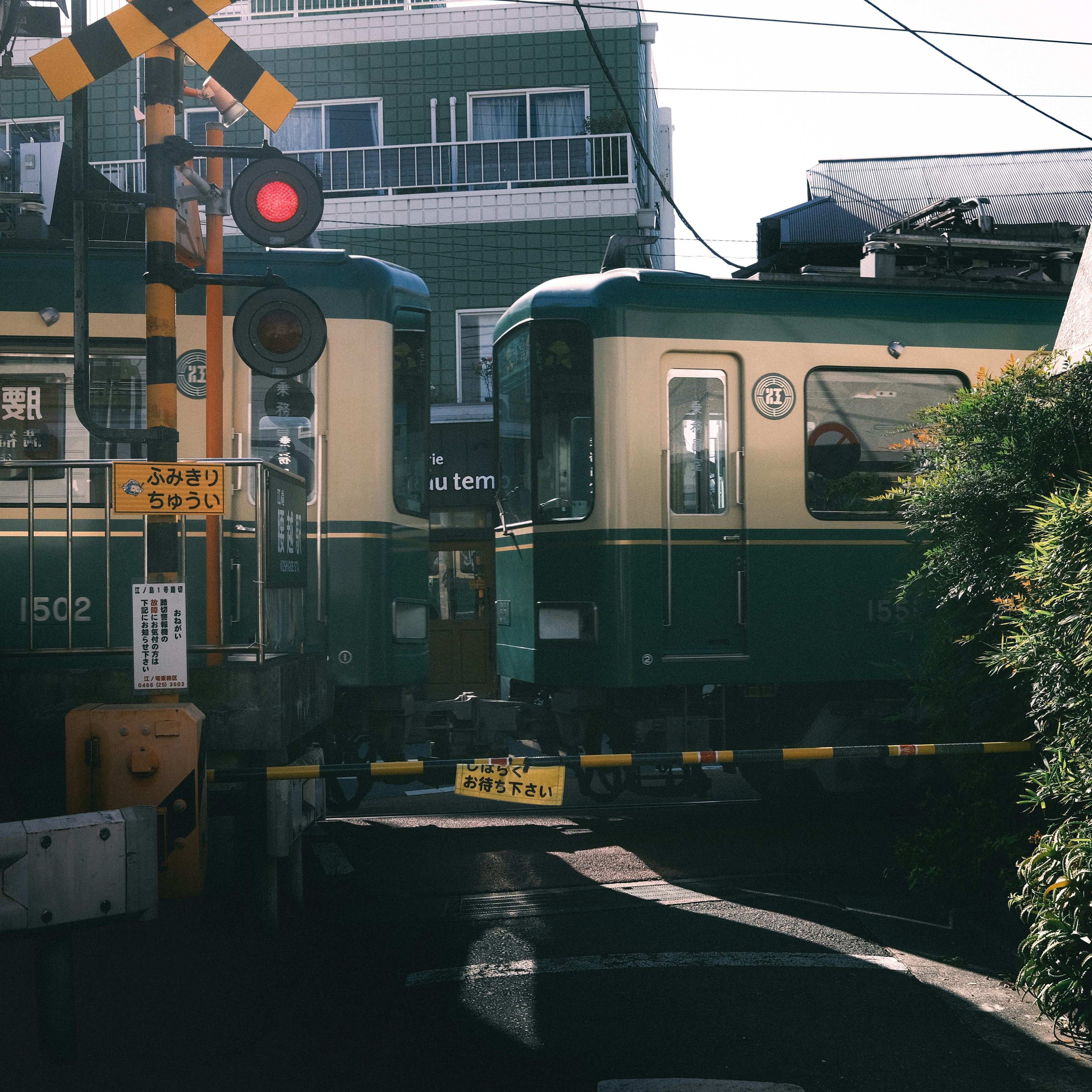 Crossing Signals: A Green Train Lifts from the Tracks at Dusk