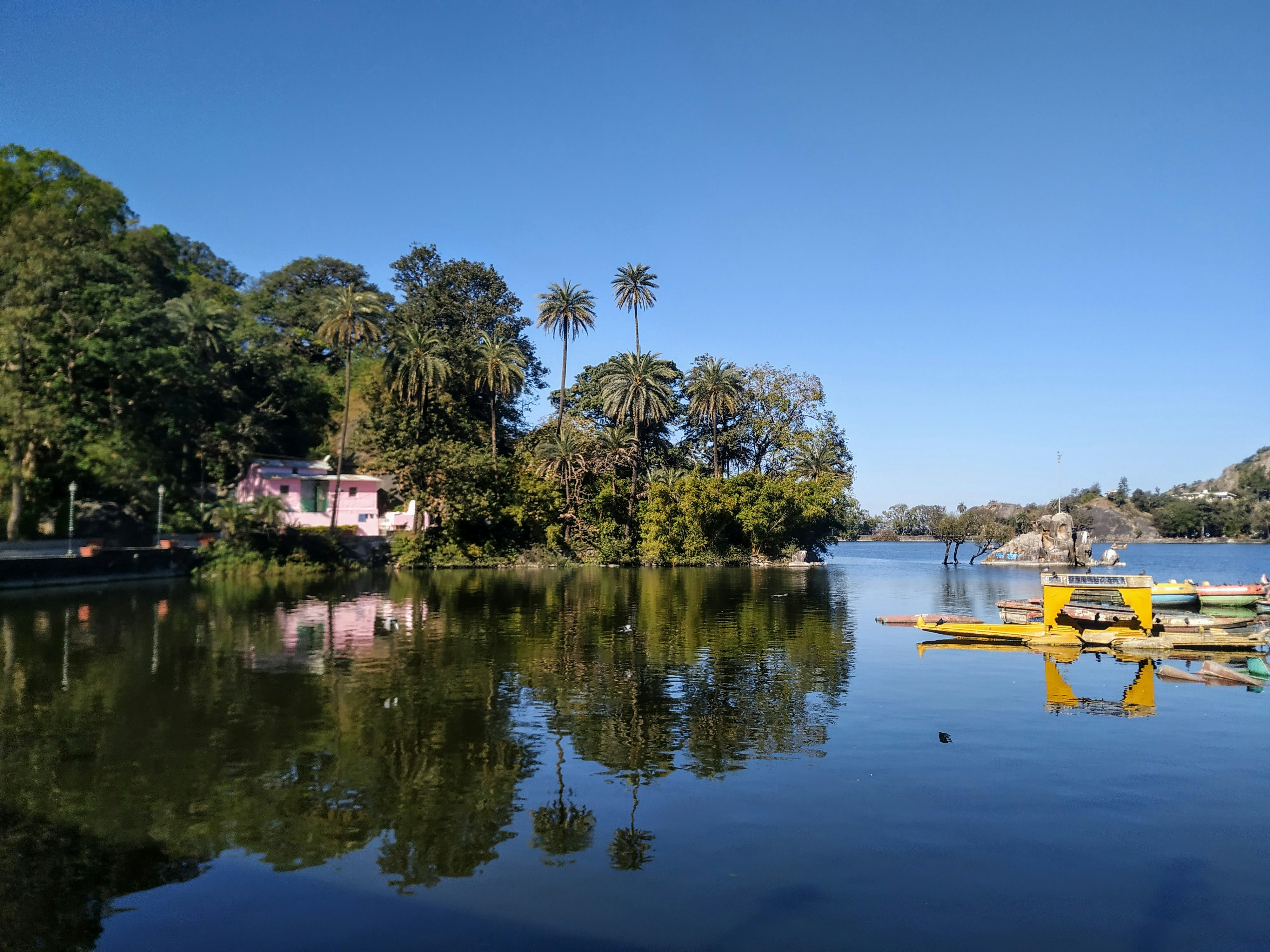 Quiet Lakefront with Palm Harbor and Painted Boat Reflections