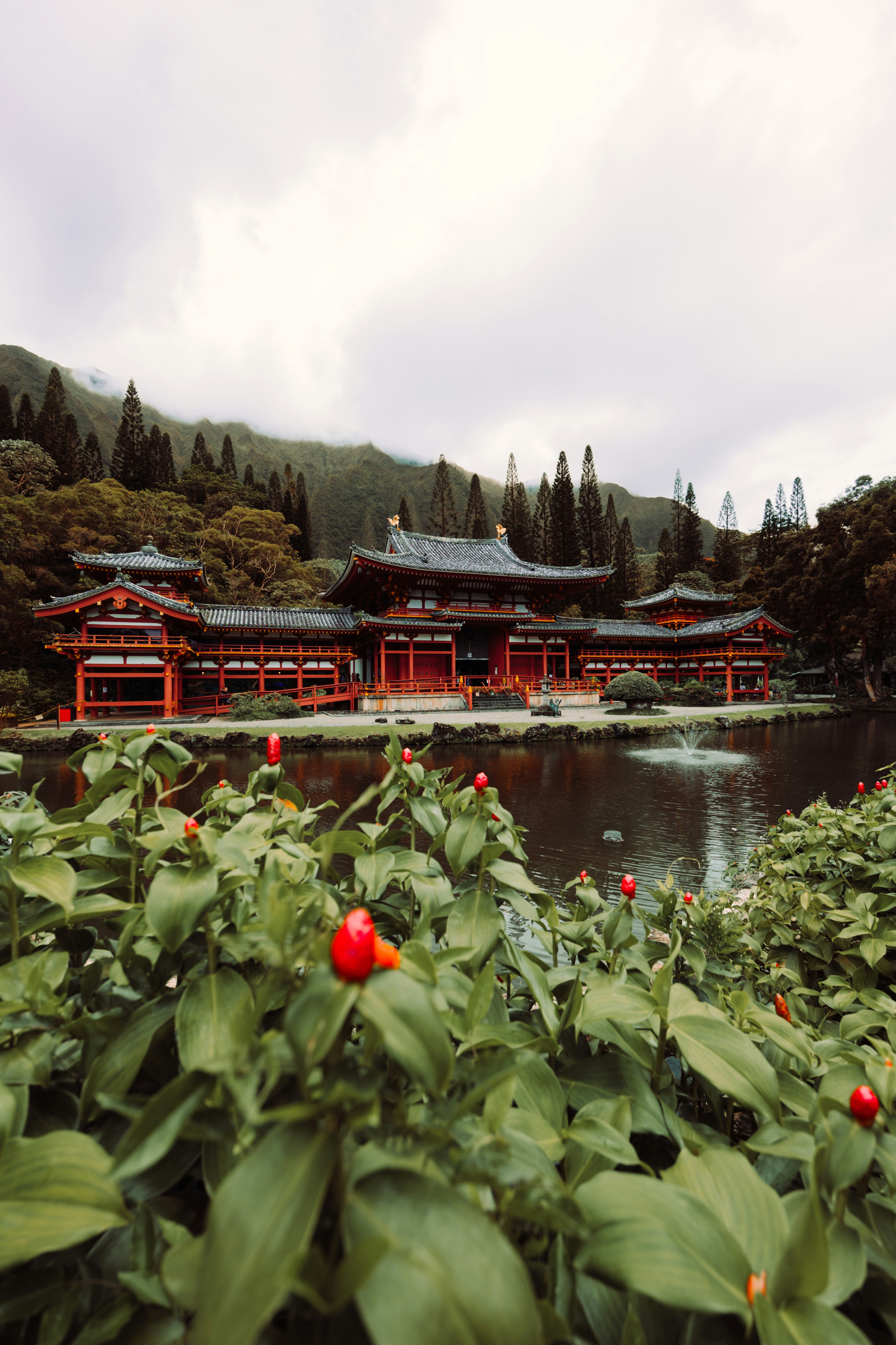 Red Ridge Temple: A Tranquil Lakefront in Autumn Light