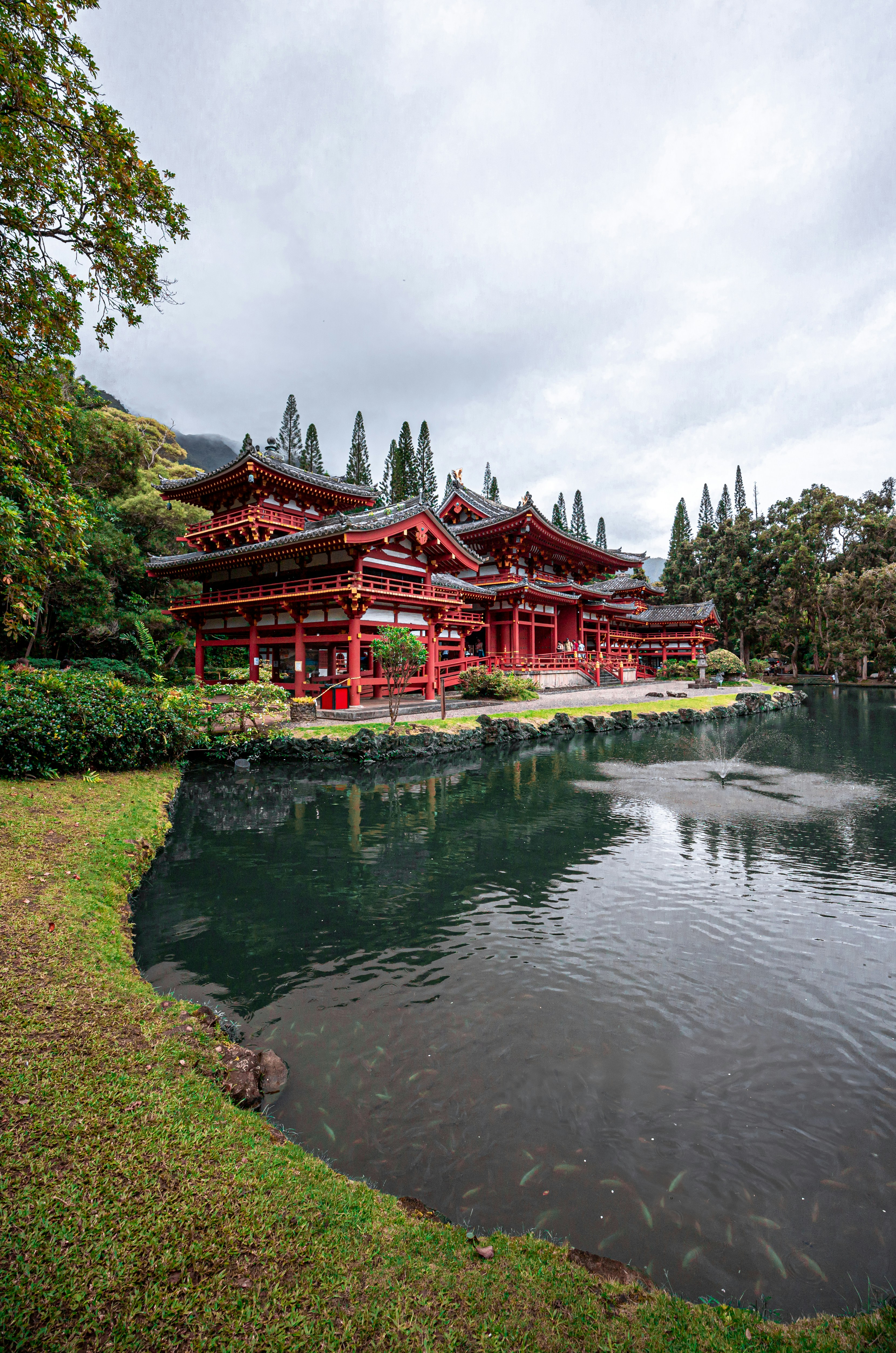 Crimson Pavilion by the Lily Pond