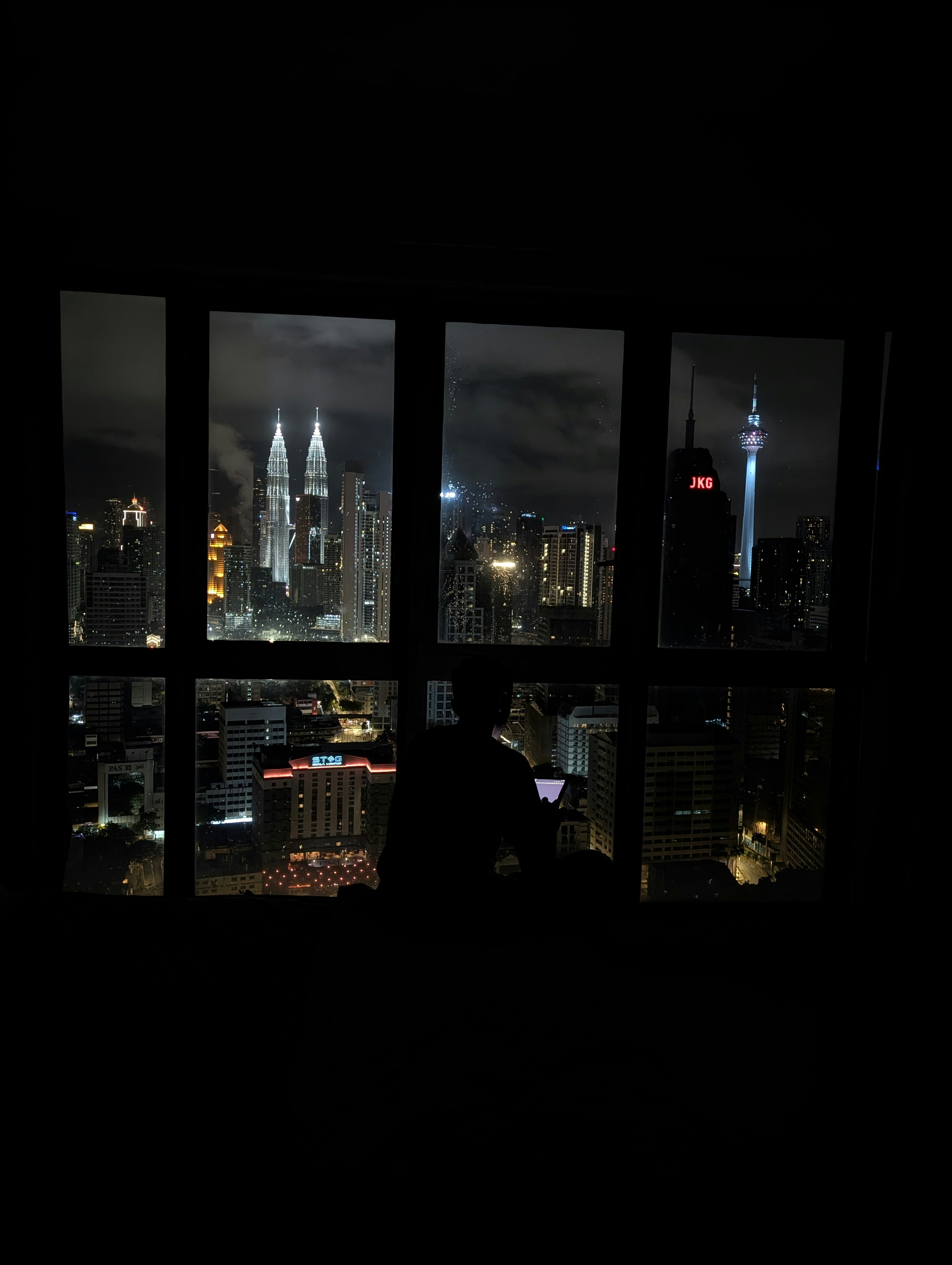 Night Window: City Lights and a Silent Observer