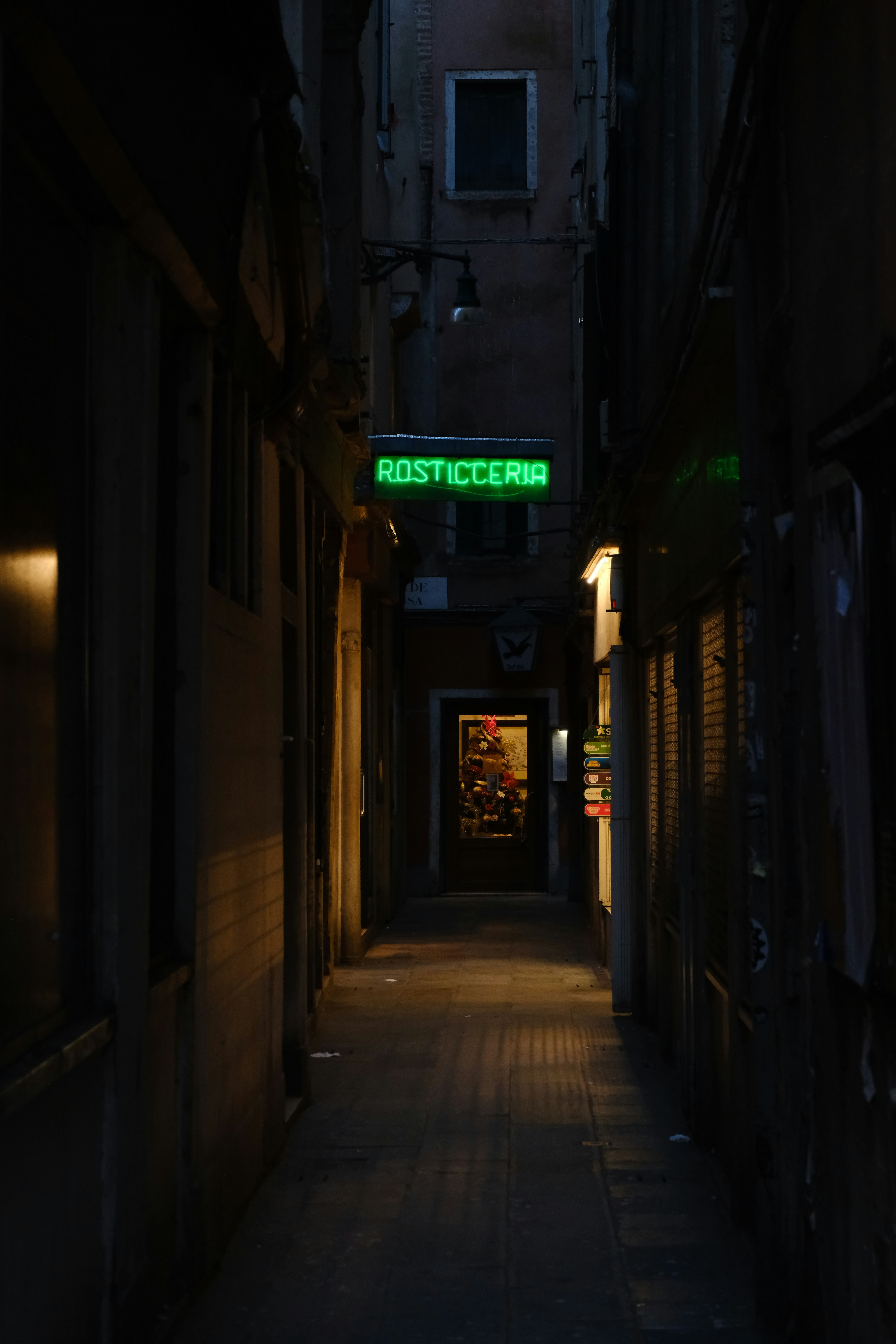 Neon Lanterns in a Narrow Night Corridor