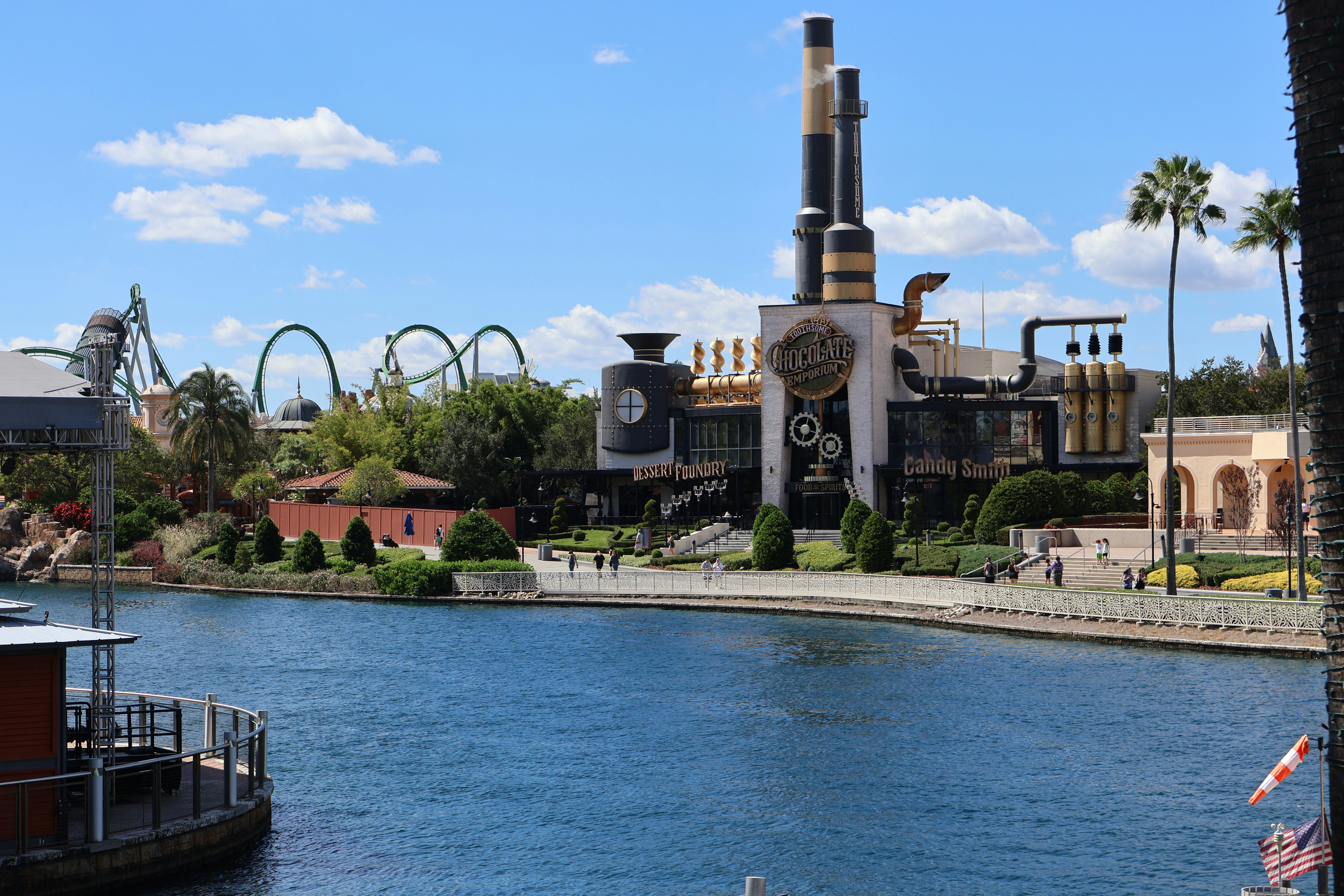 Steamworks by the Water: A Theme Park Skyline and Riverfront