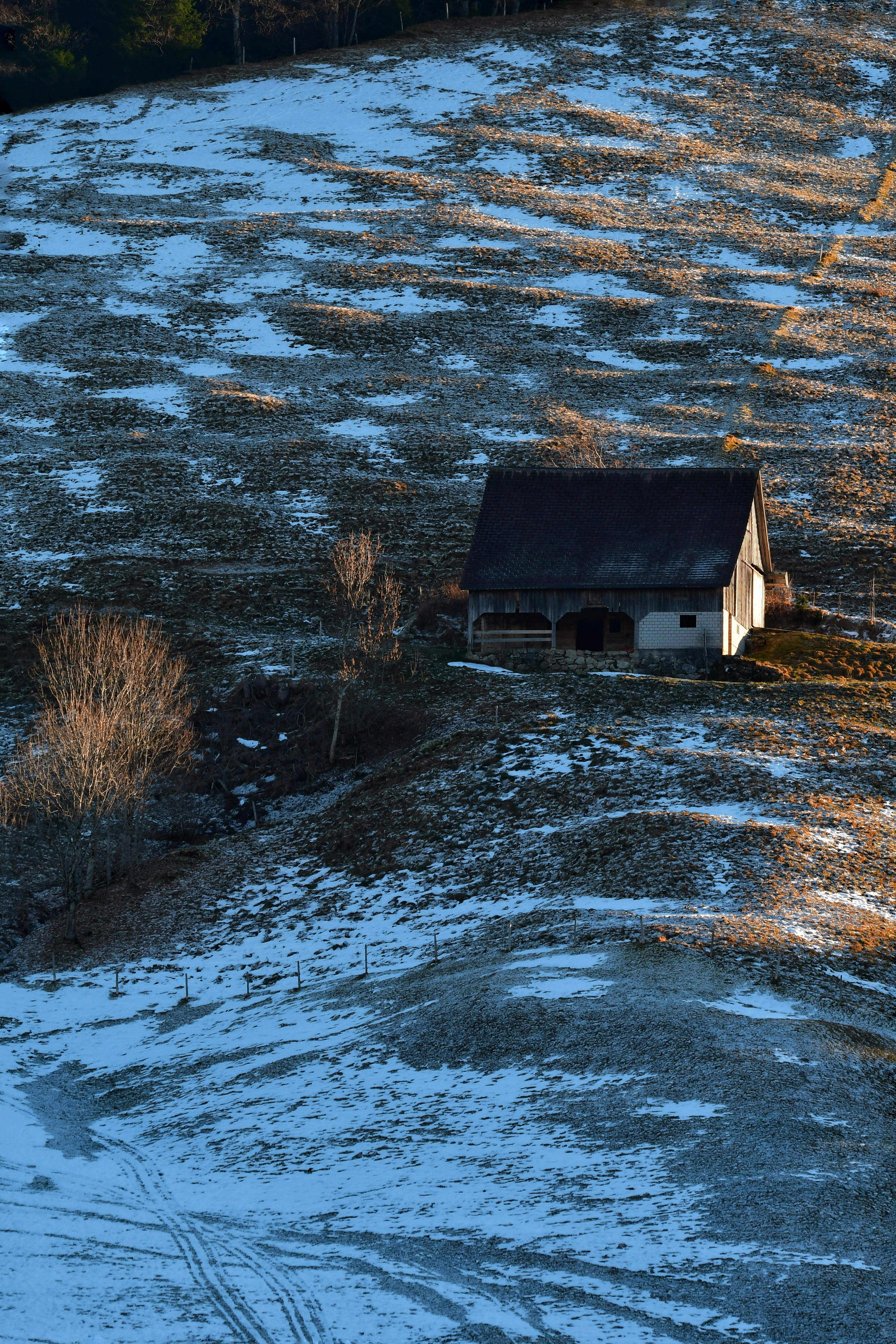 Autumn Snow Veil: A Lone Barn Amid Rolling Hills