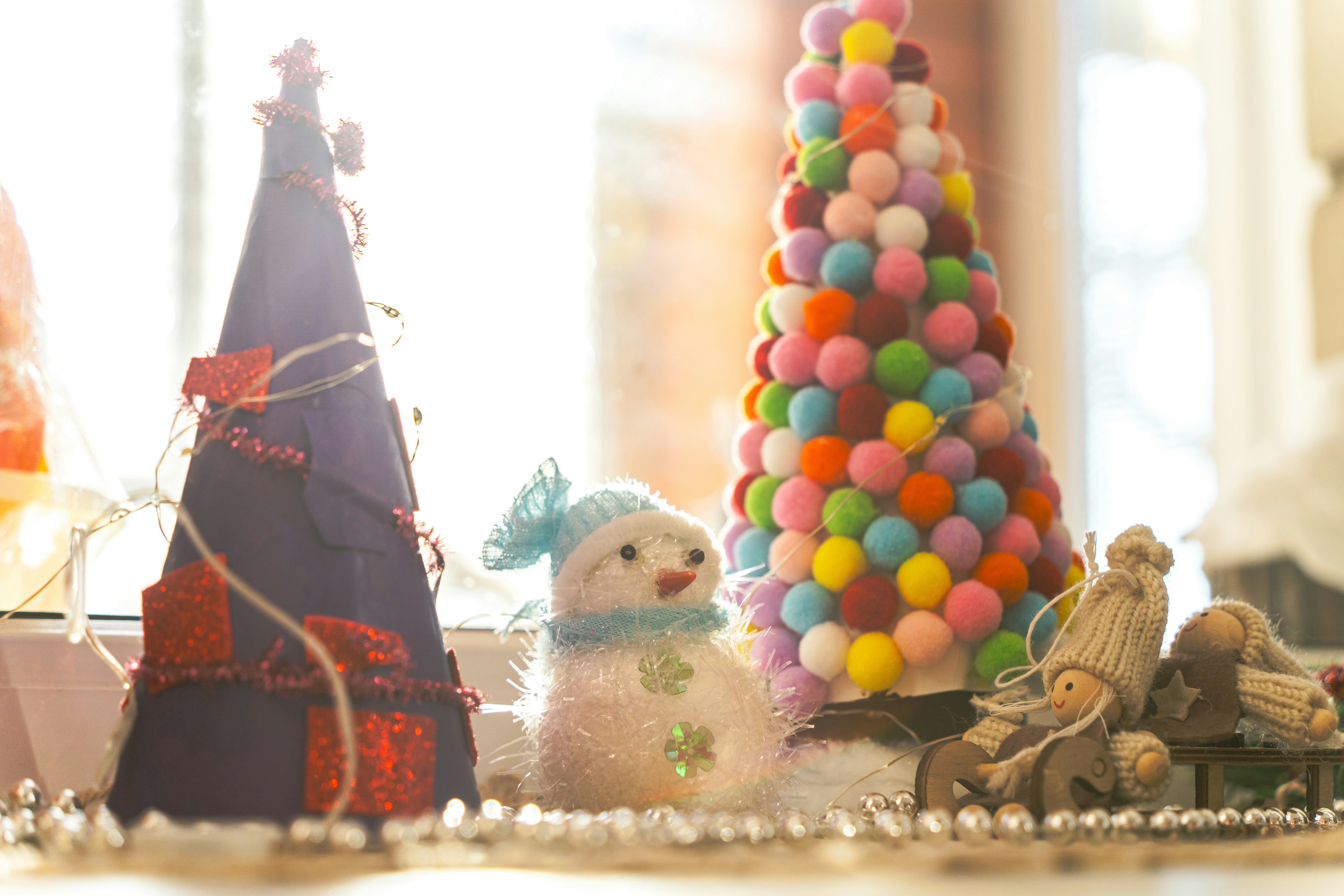 Miniature Winter Bazaar: Beaded Trees and Plush Snowman