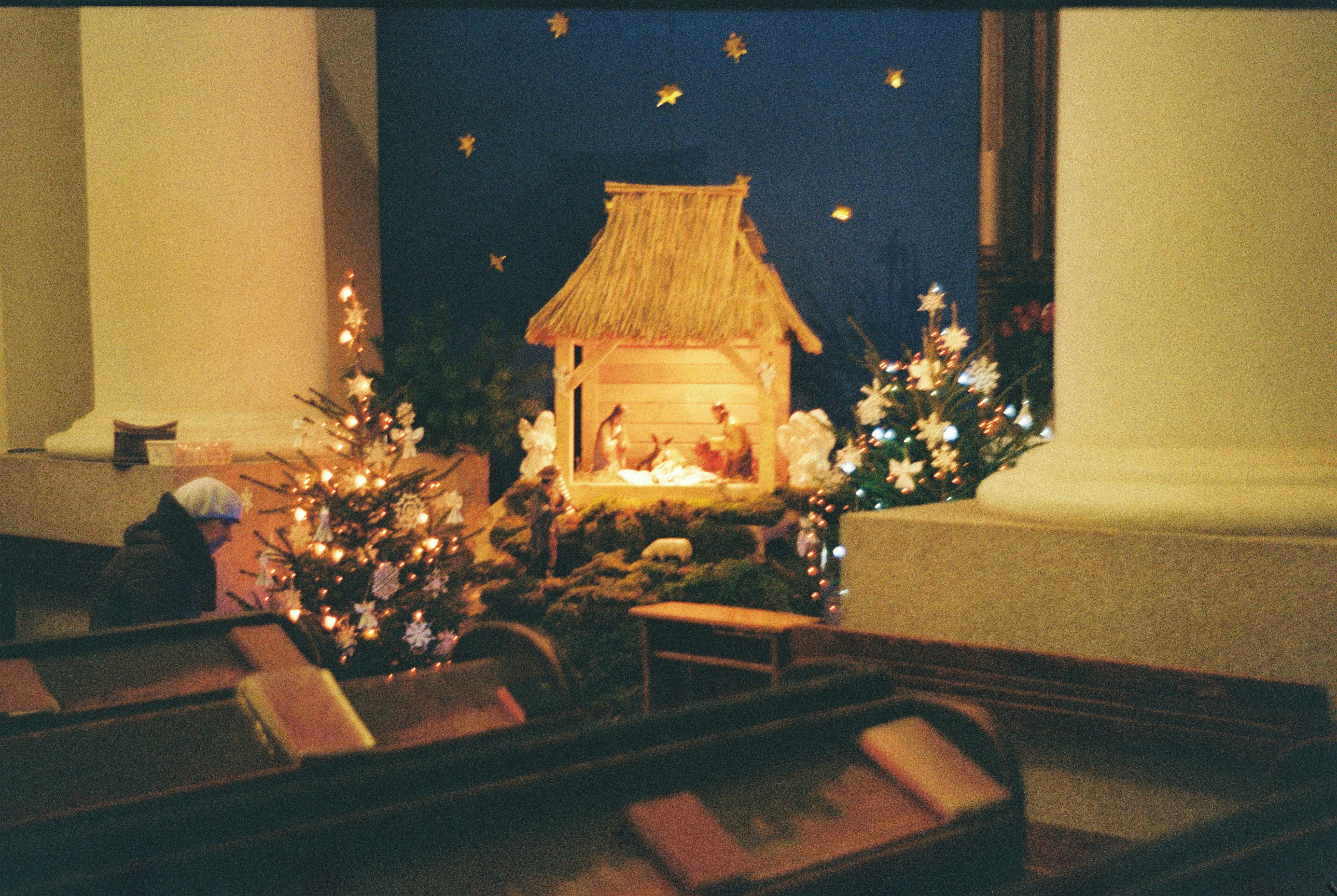 Christmas nativity scene with decorated trees photo – Free Christmas ...