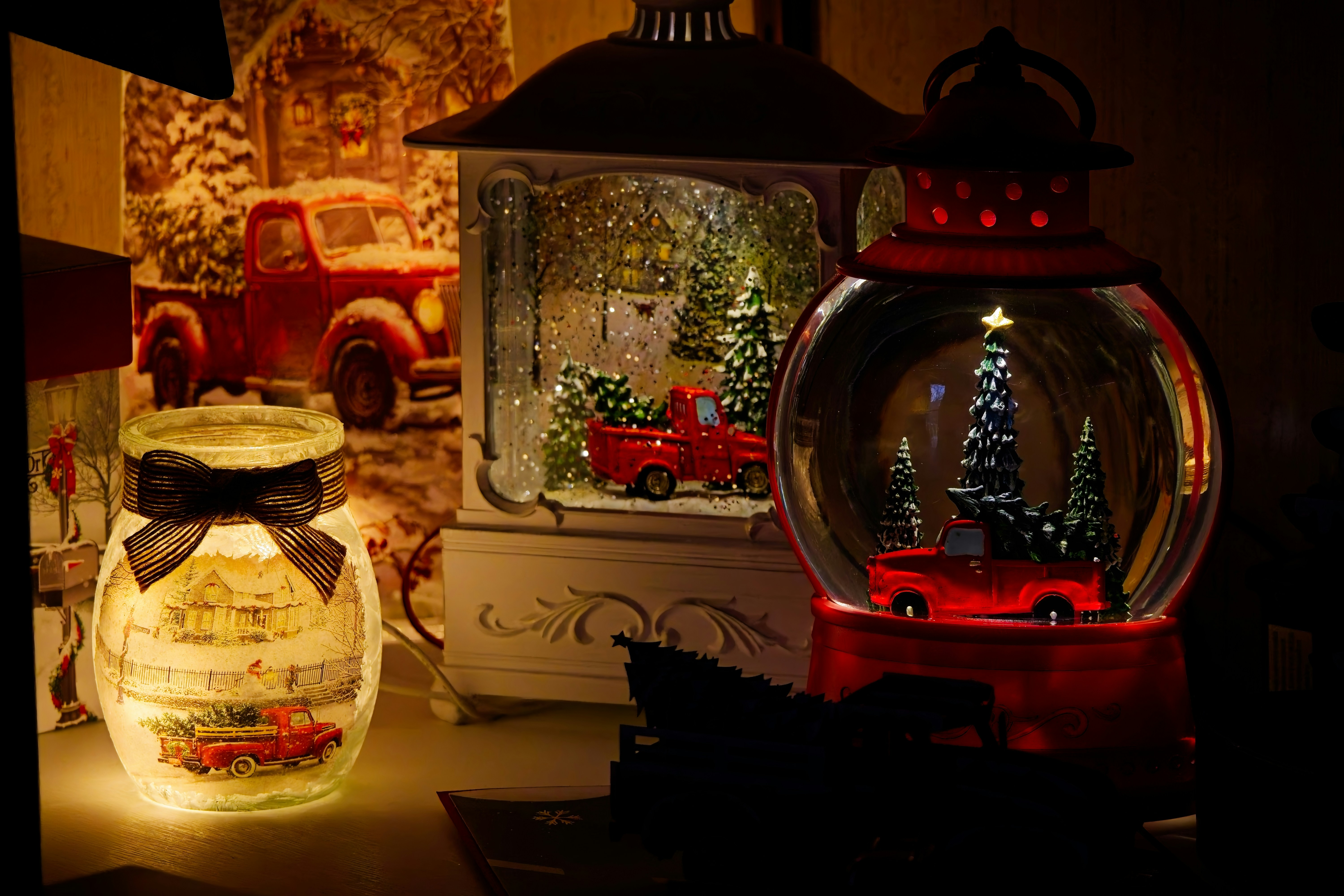 Glowing Christmas Orbs and Tiny Snow Scene
