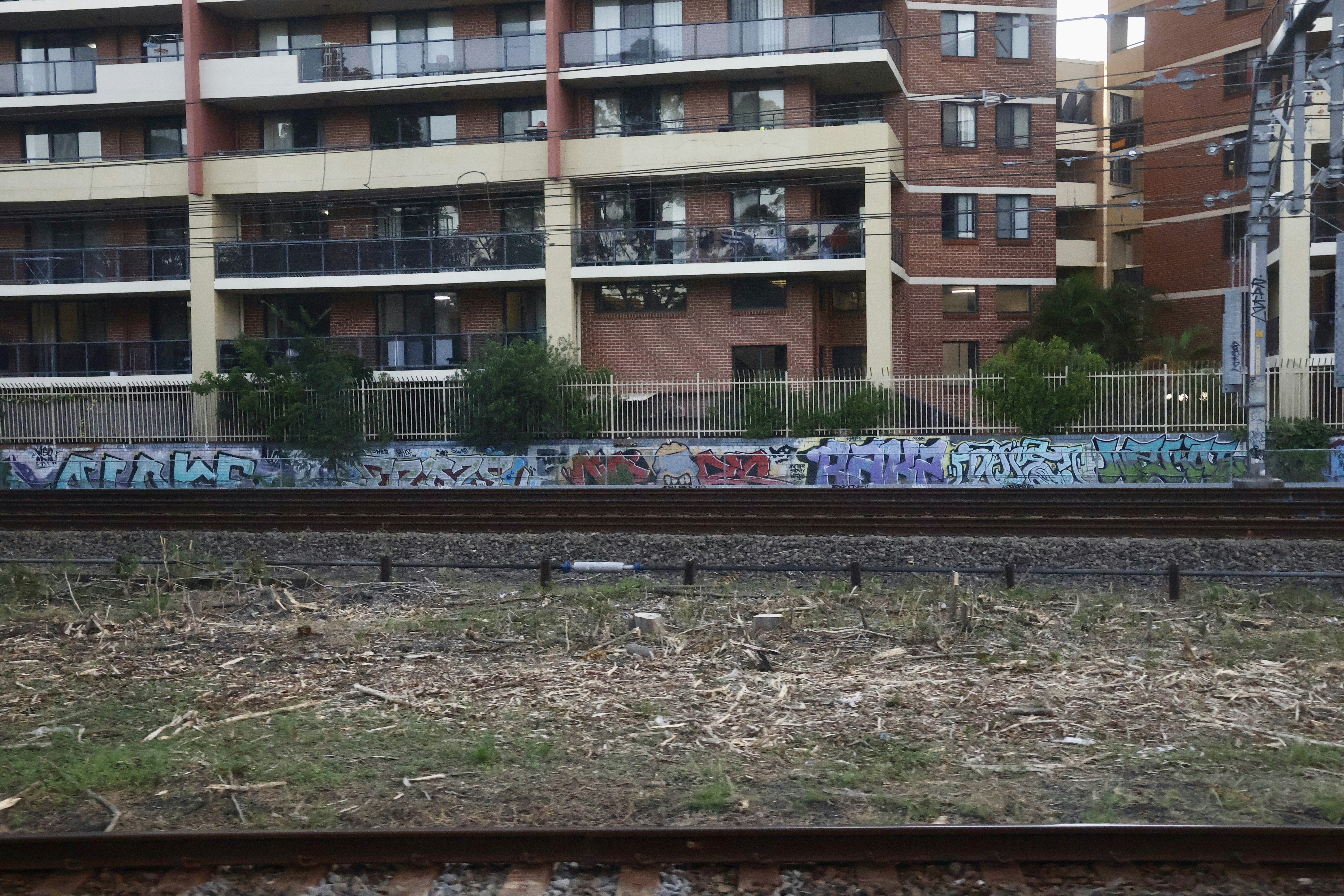 Railway-Front Residences: Graffiti Line Beneath Urban Towers