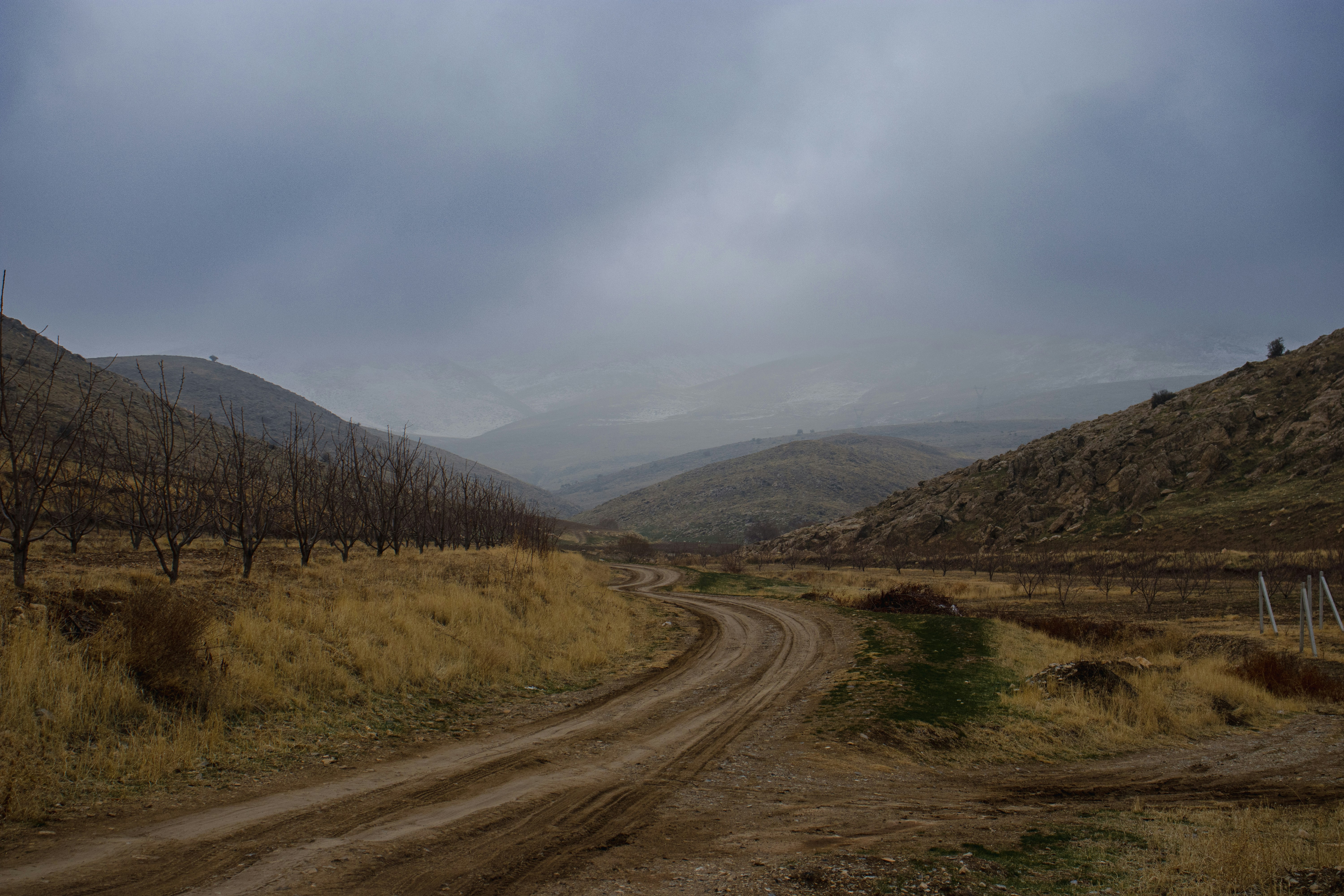 Rugged Valley Road under a Drizzling Horizon