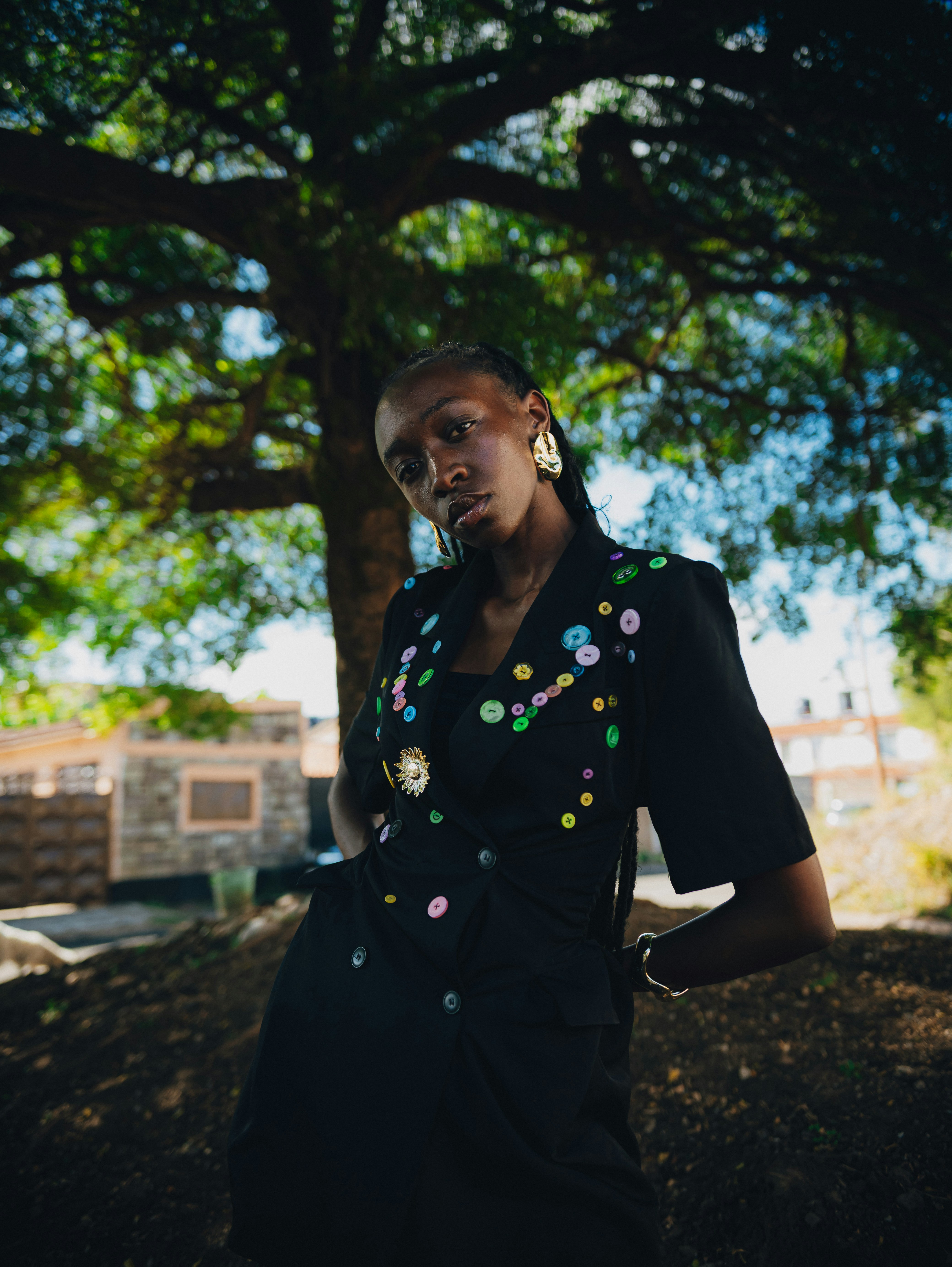 Embellished Authority Under Dappled Neon: Portrait in the Shade