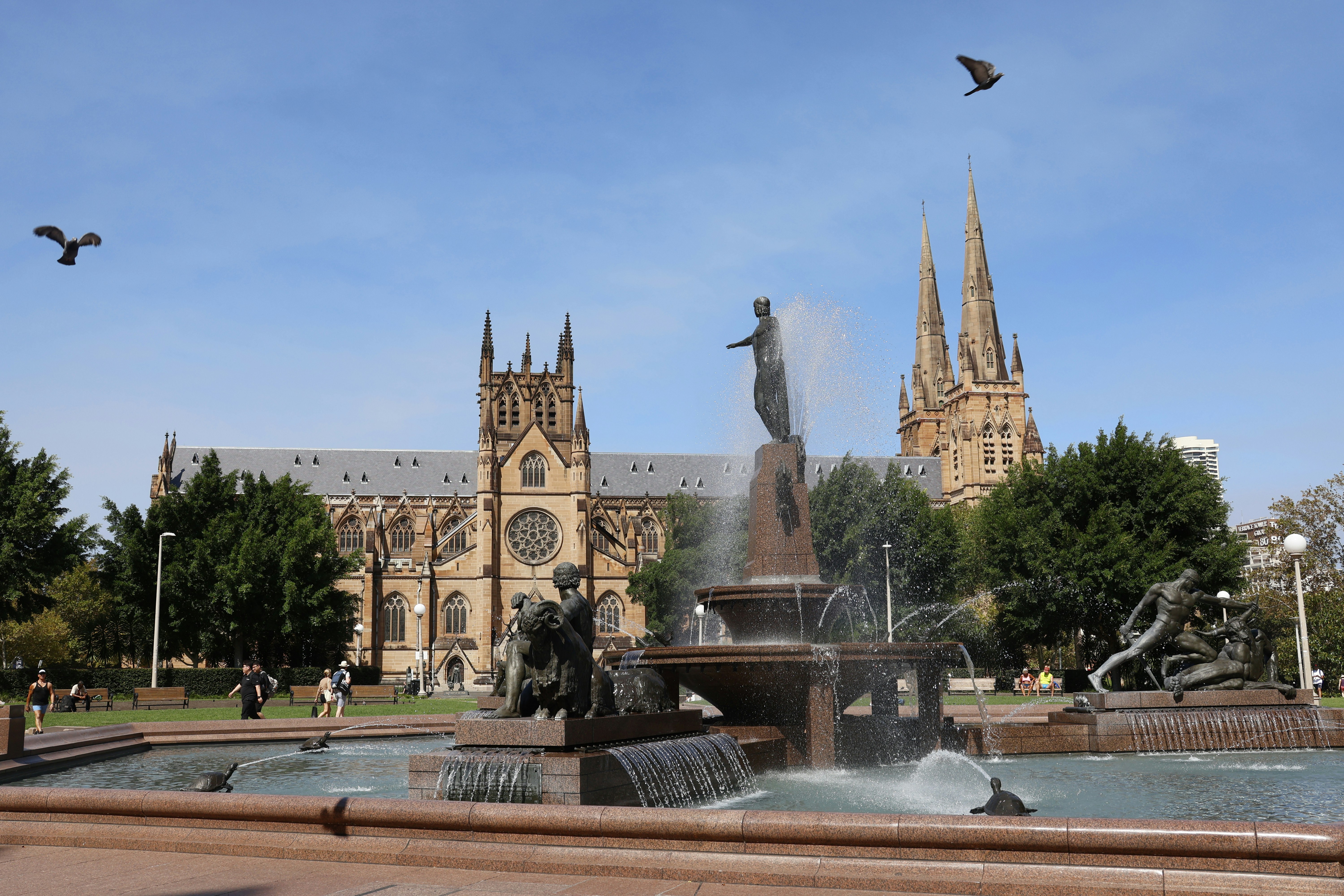 Monumental Fountain Framed by Gothic Towers
