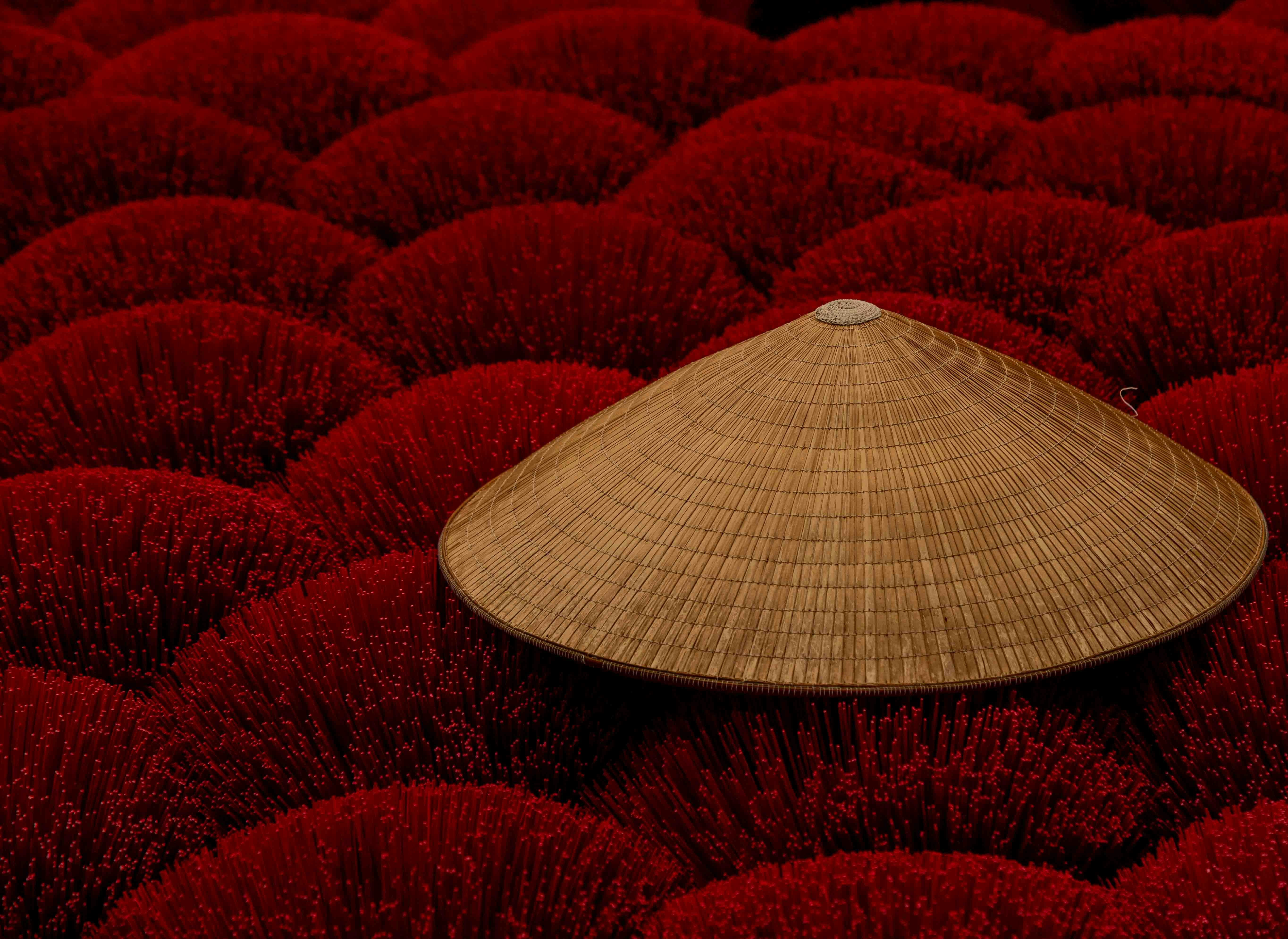 Conical Hat Amid Velvet Reds