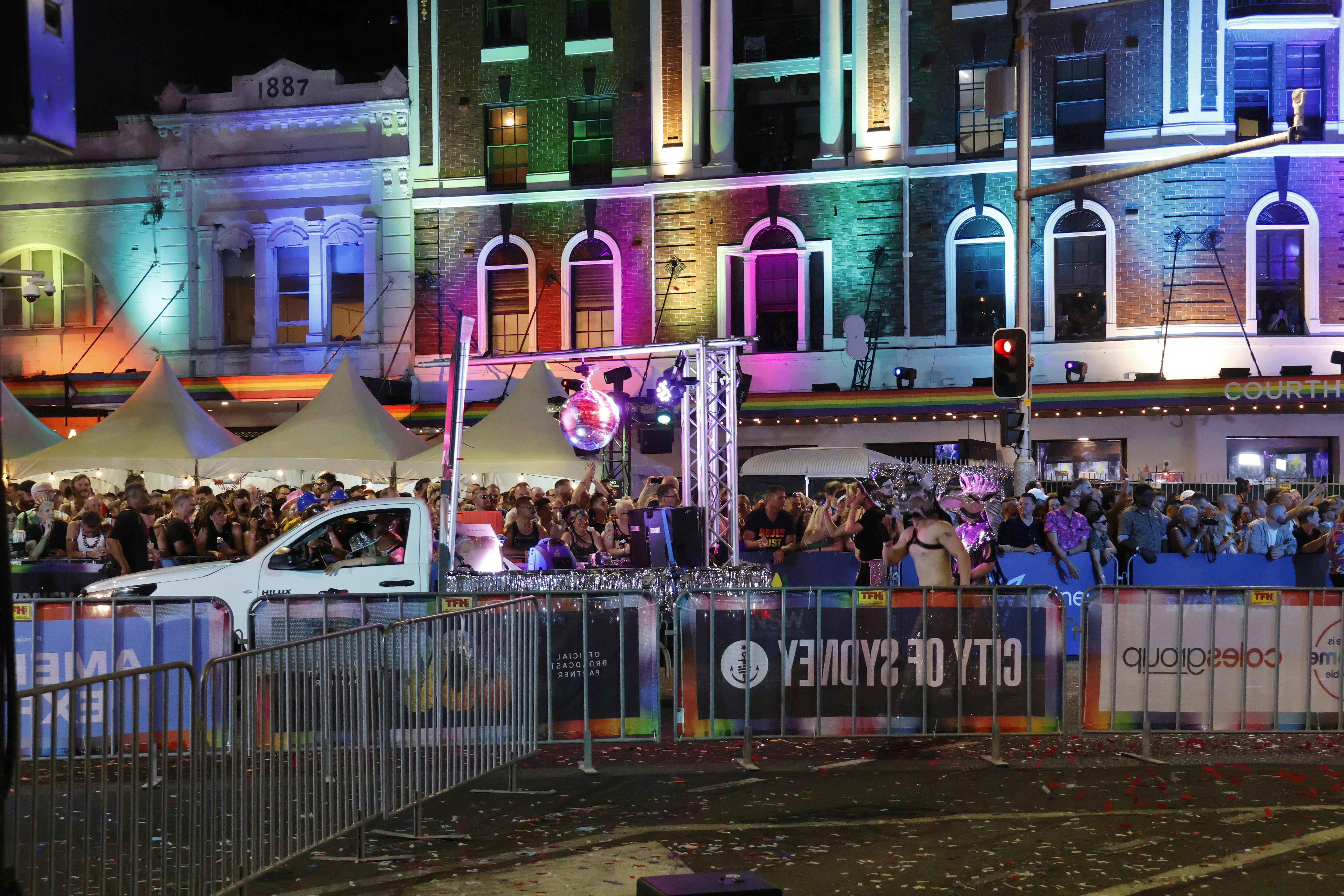 Nightlights on a Festival Stage: Colorful Facade and Crowds