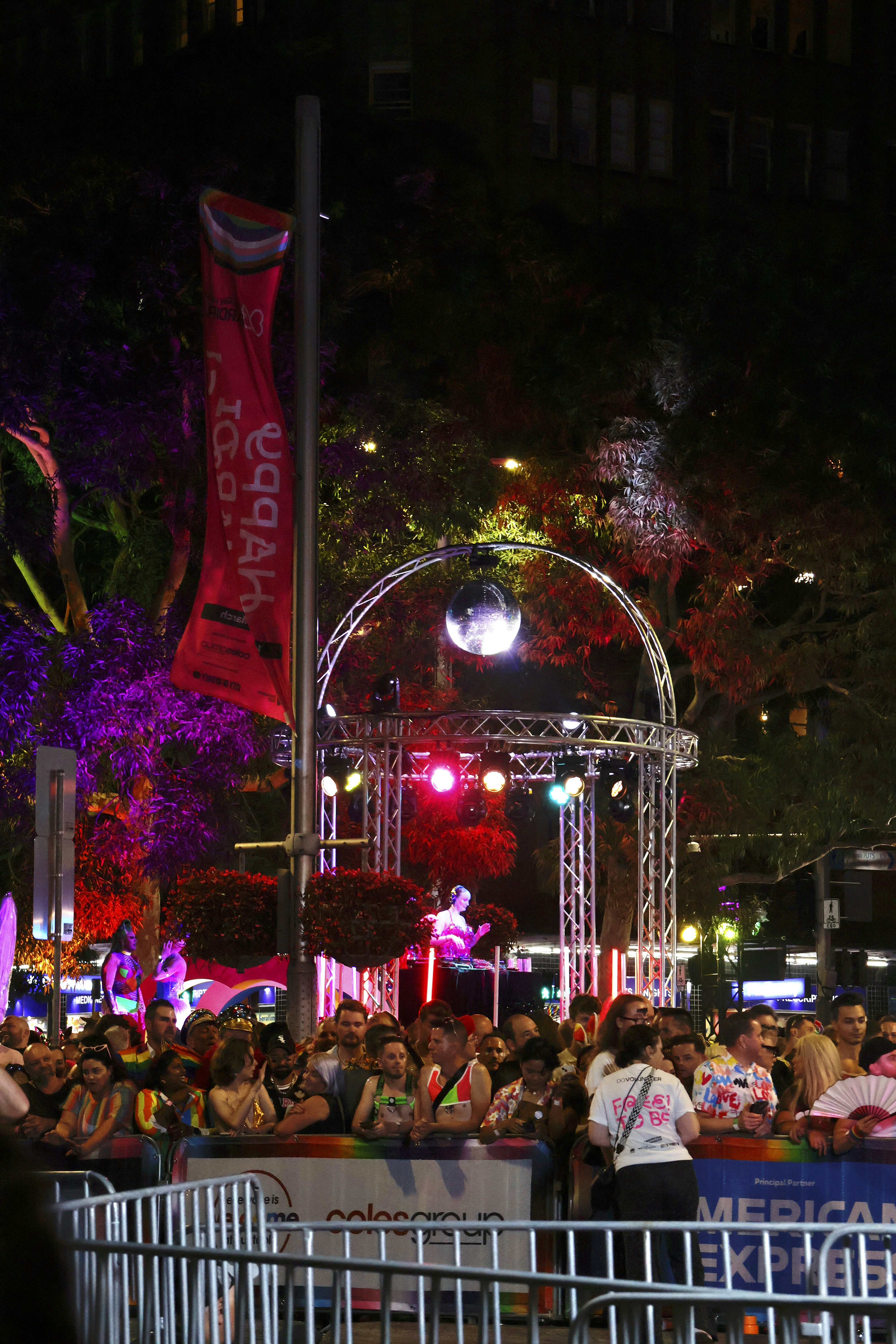 Night Pulse: Crowd Barrier and Lighted Stage under Neon Trees