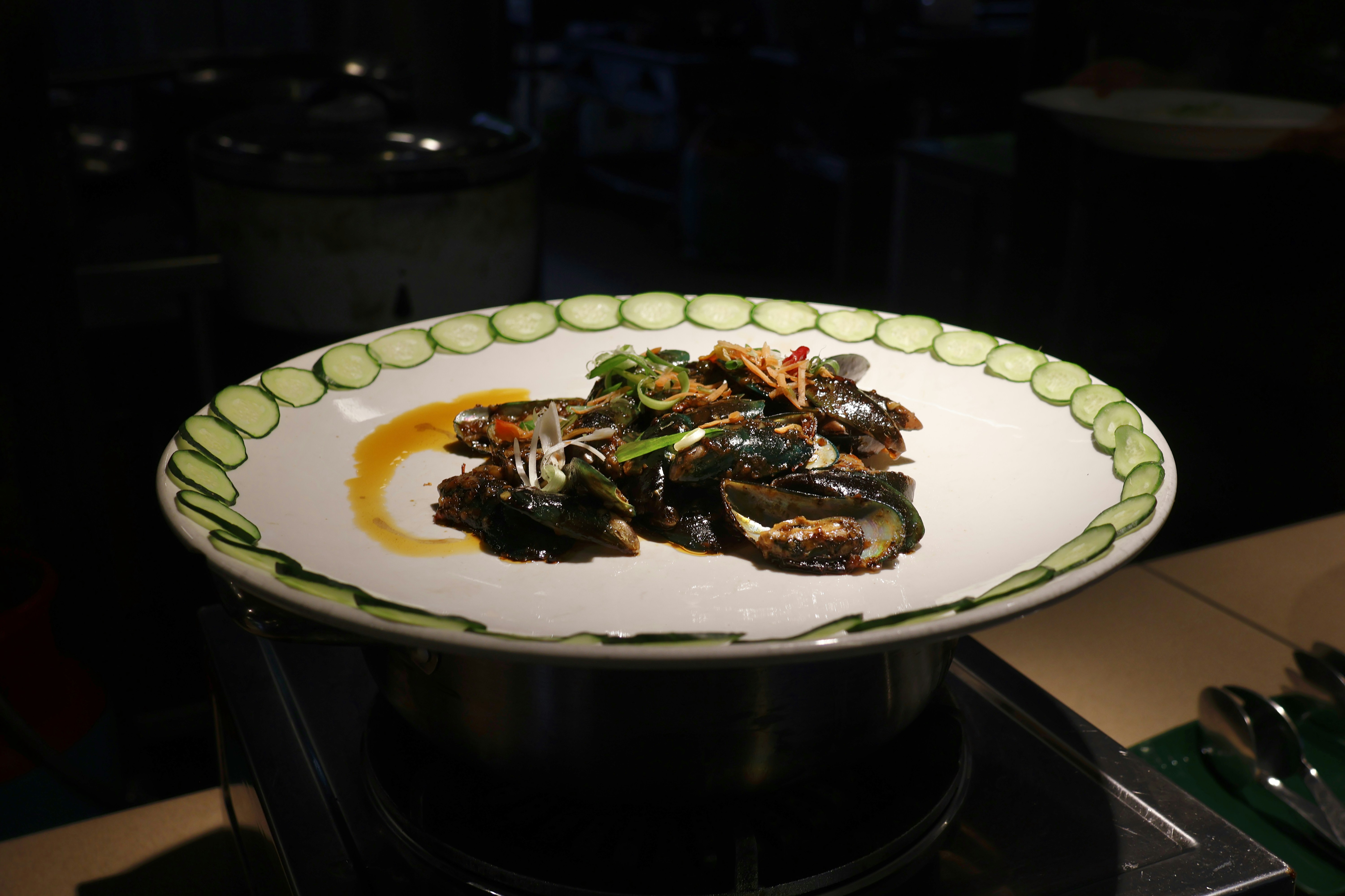 Midnight Plate: Glazed Mushrooms with Greens on a Painted Rim