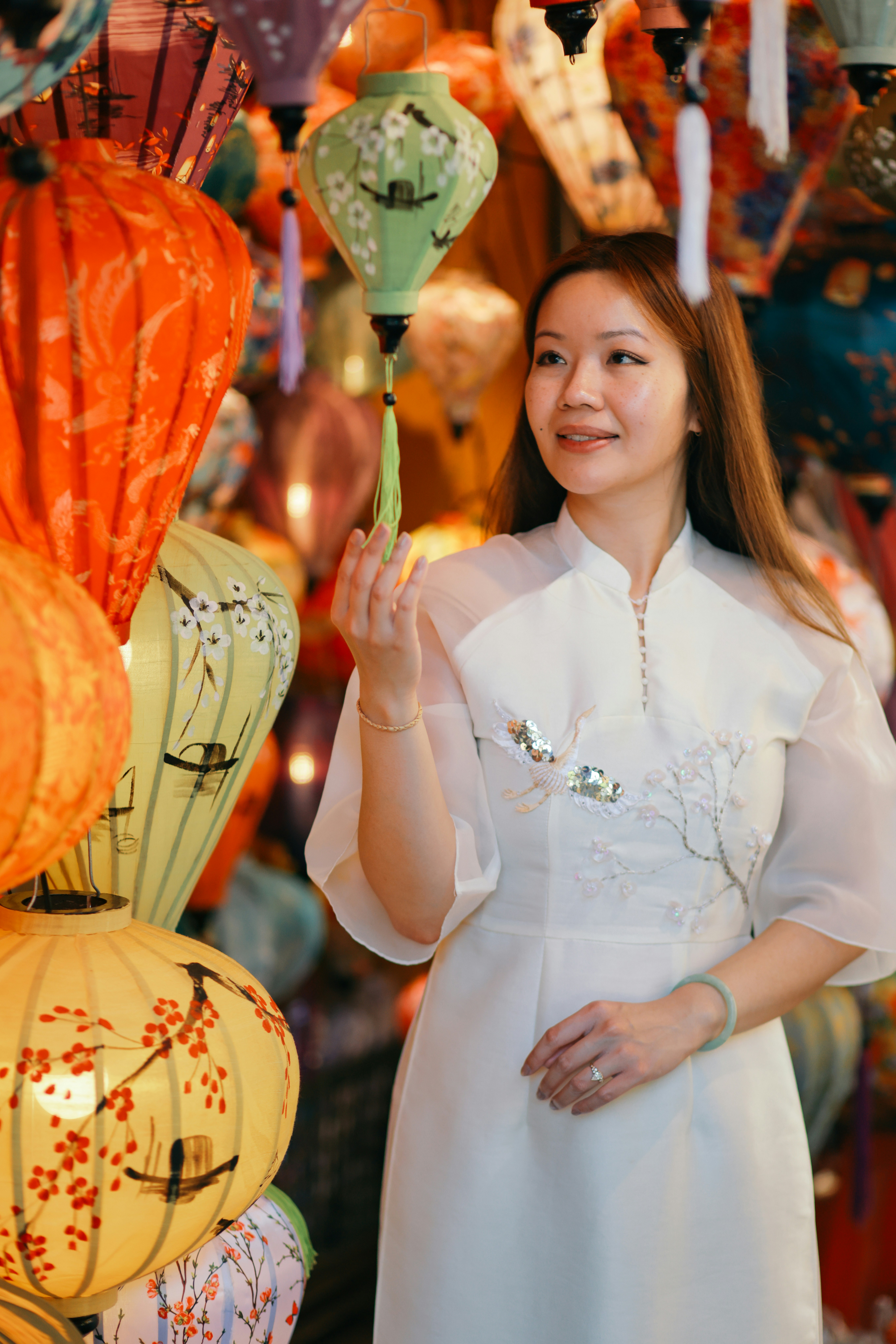 Lanterns and Grace: Portrait Among the Floating Orbs
