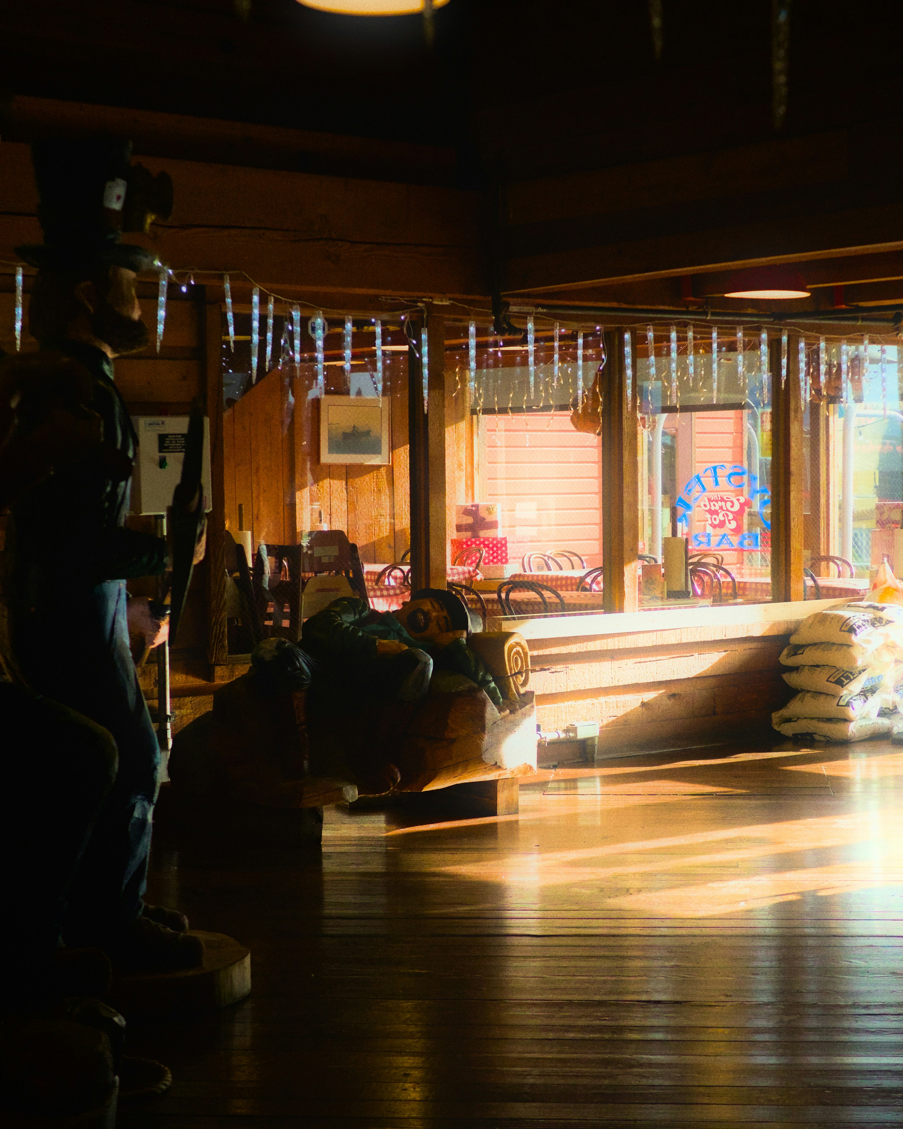 Warm Wood Interior with Light Beams and Oversized Shadow