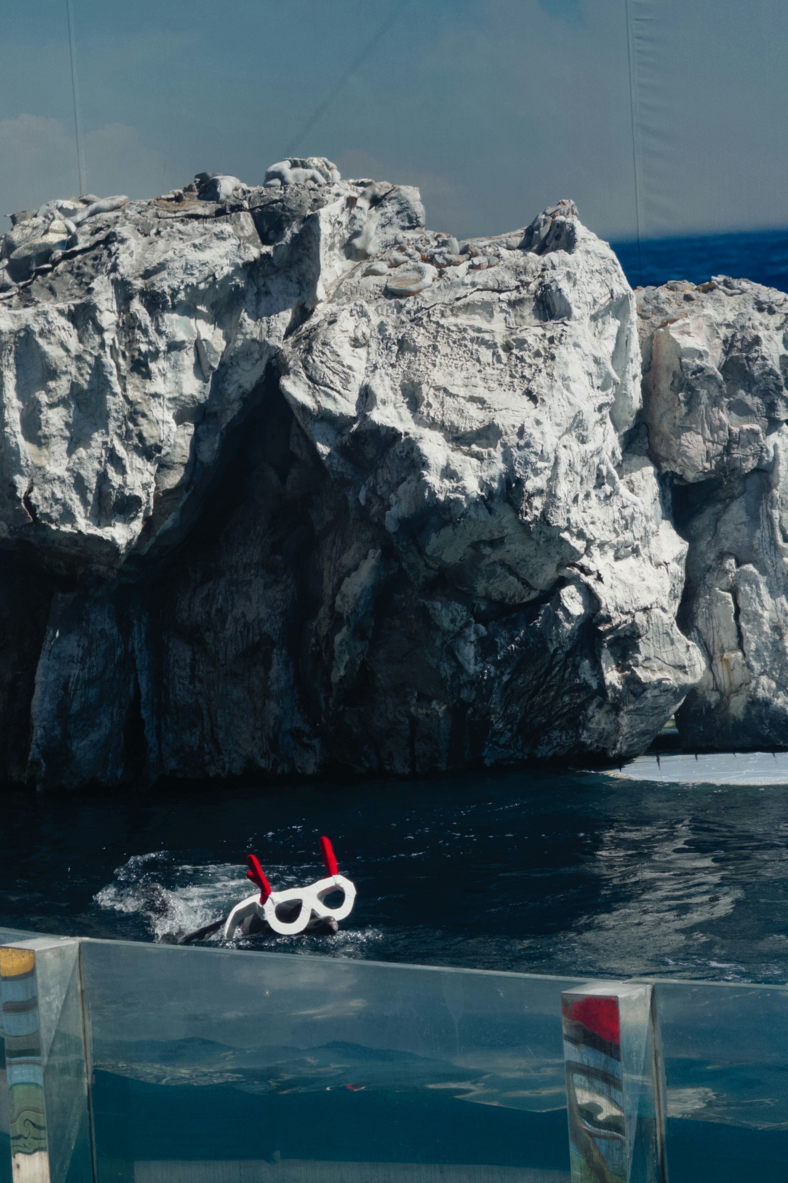 Red Snorkel Rising from a Quiet Sea Cliff