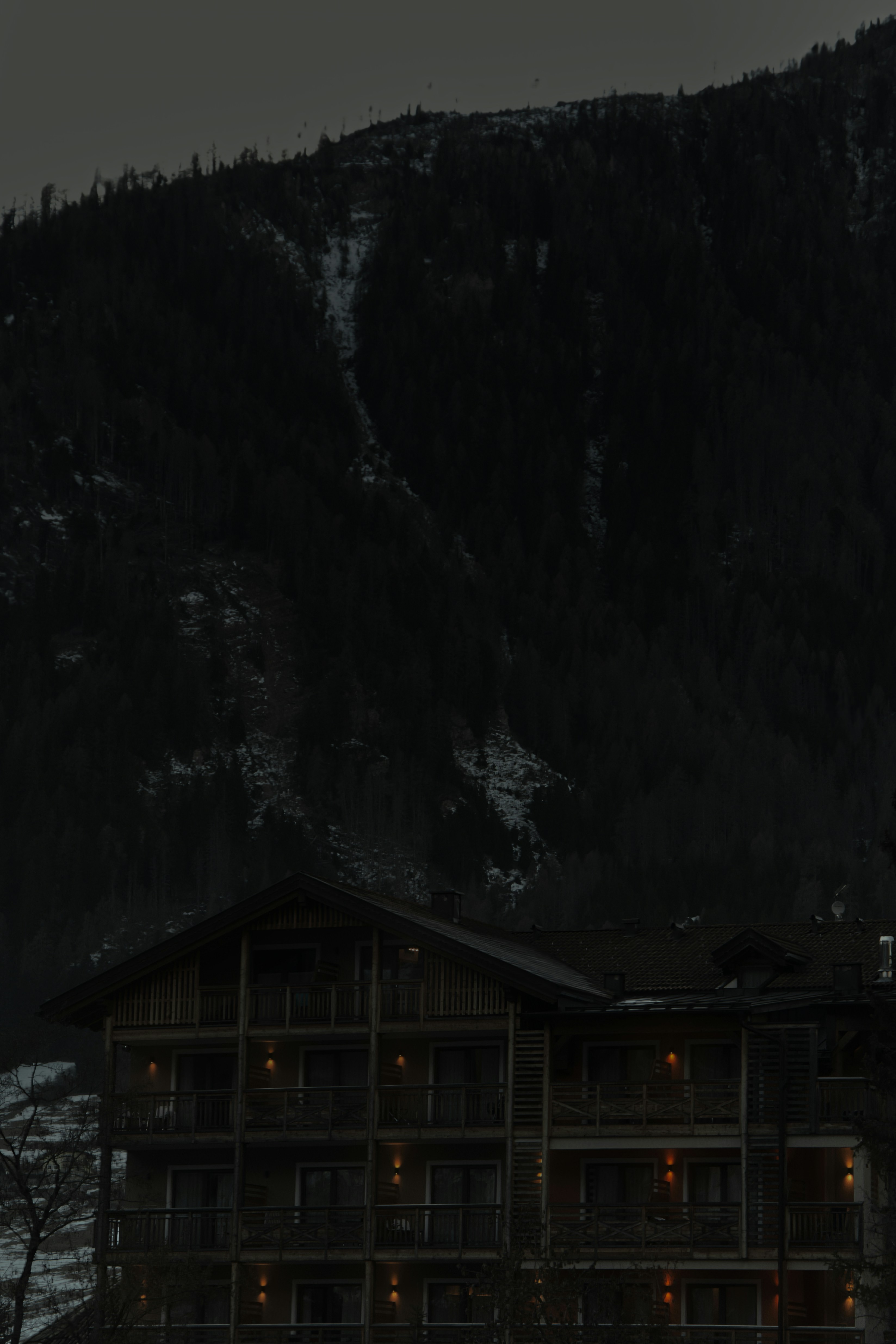 Warm glow along a dark Alpine lodge against looming pine-clad slopes