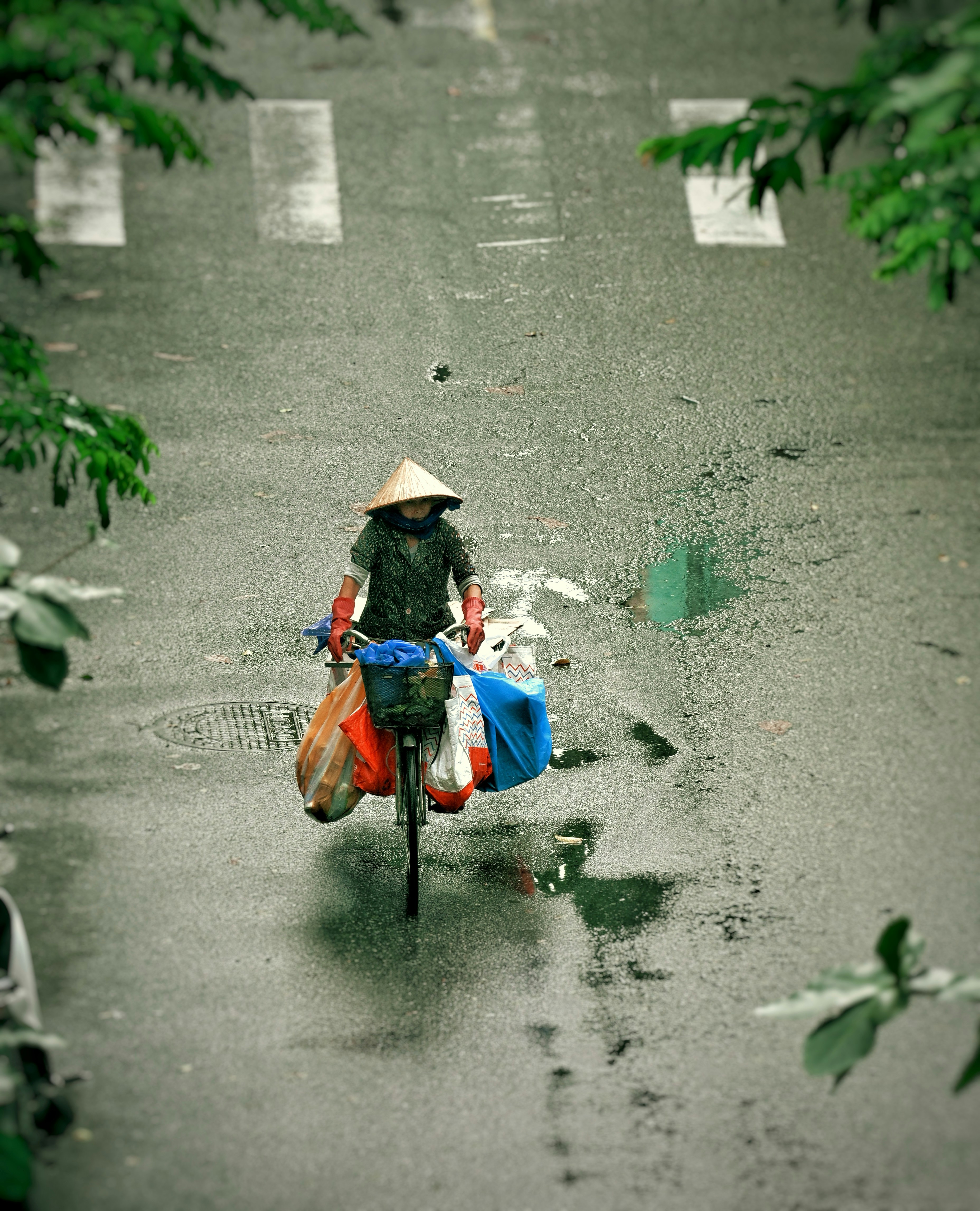 Cyclist in Raincalm: A Floating Street Portrait