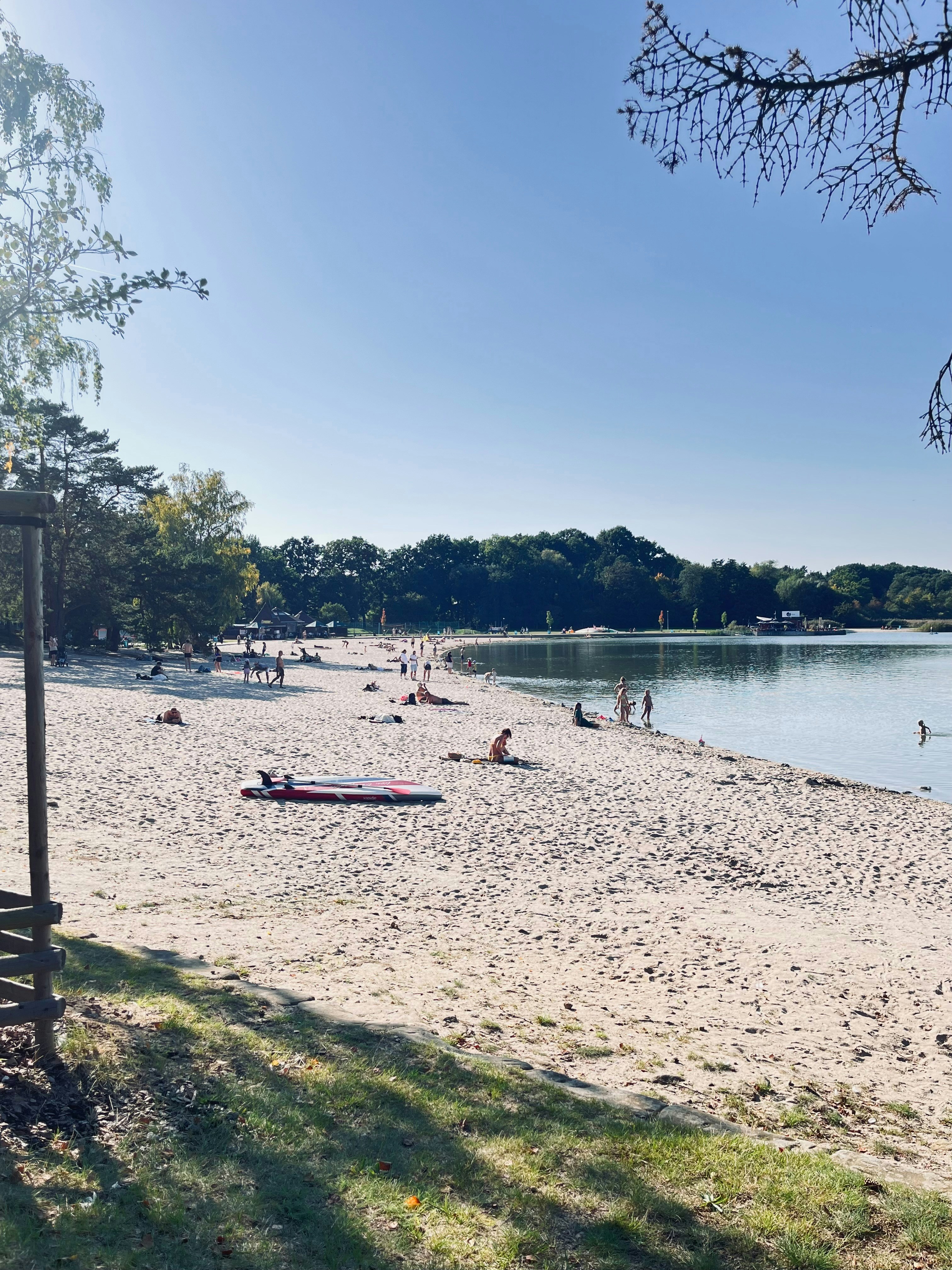Sunny Lakeside Calm: Beachgoers and Whispering Waves