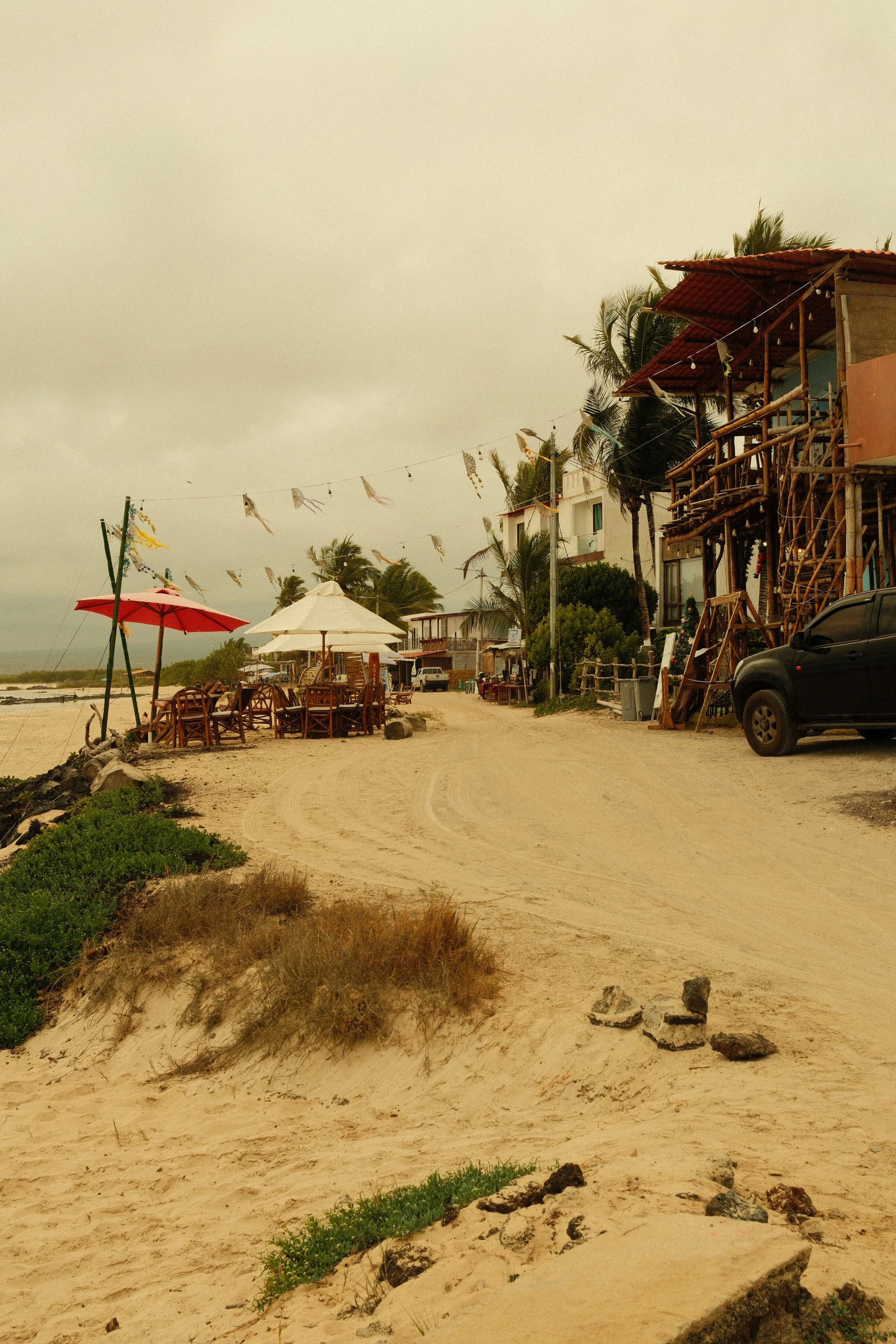 Beachfront Shack Row with Flags and Dune Path