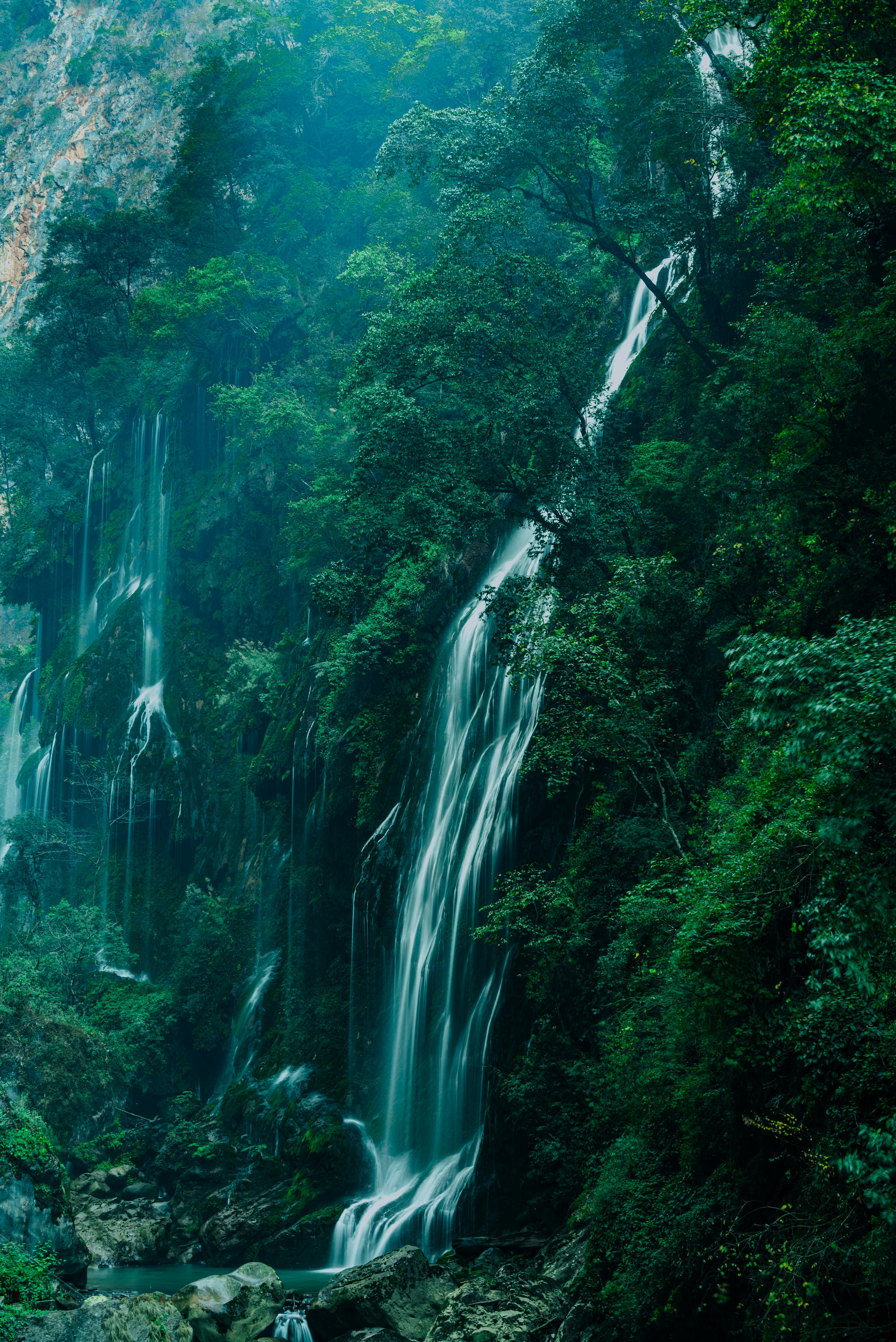 Verdant Cascade: A Misty Climb Along a Veil of Waterfall and Forest