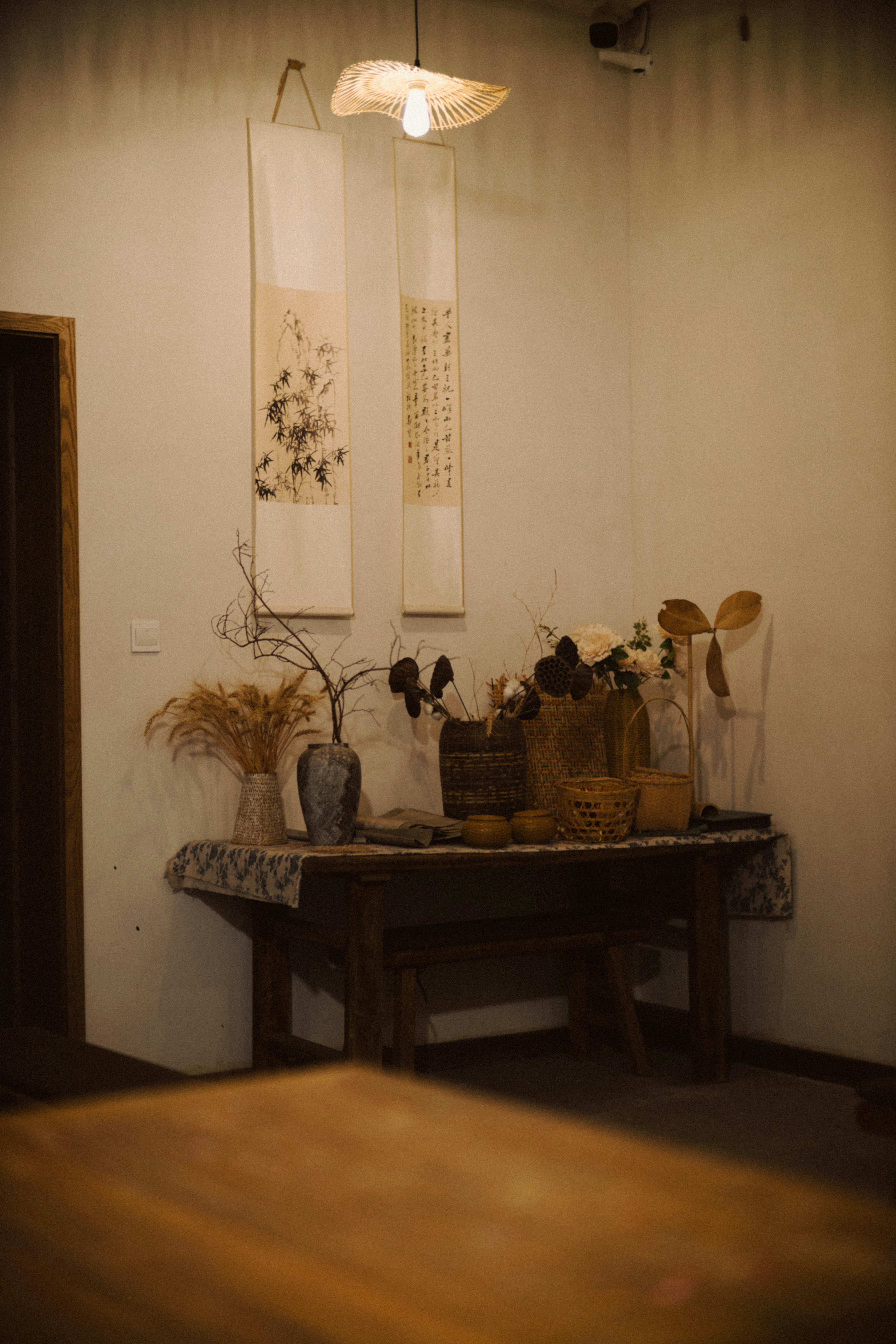 Still Life at the Tea Table: Quiet Studio Nook with Bamboo and Dried Botanicals