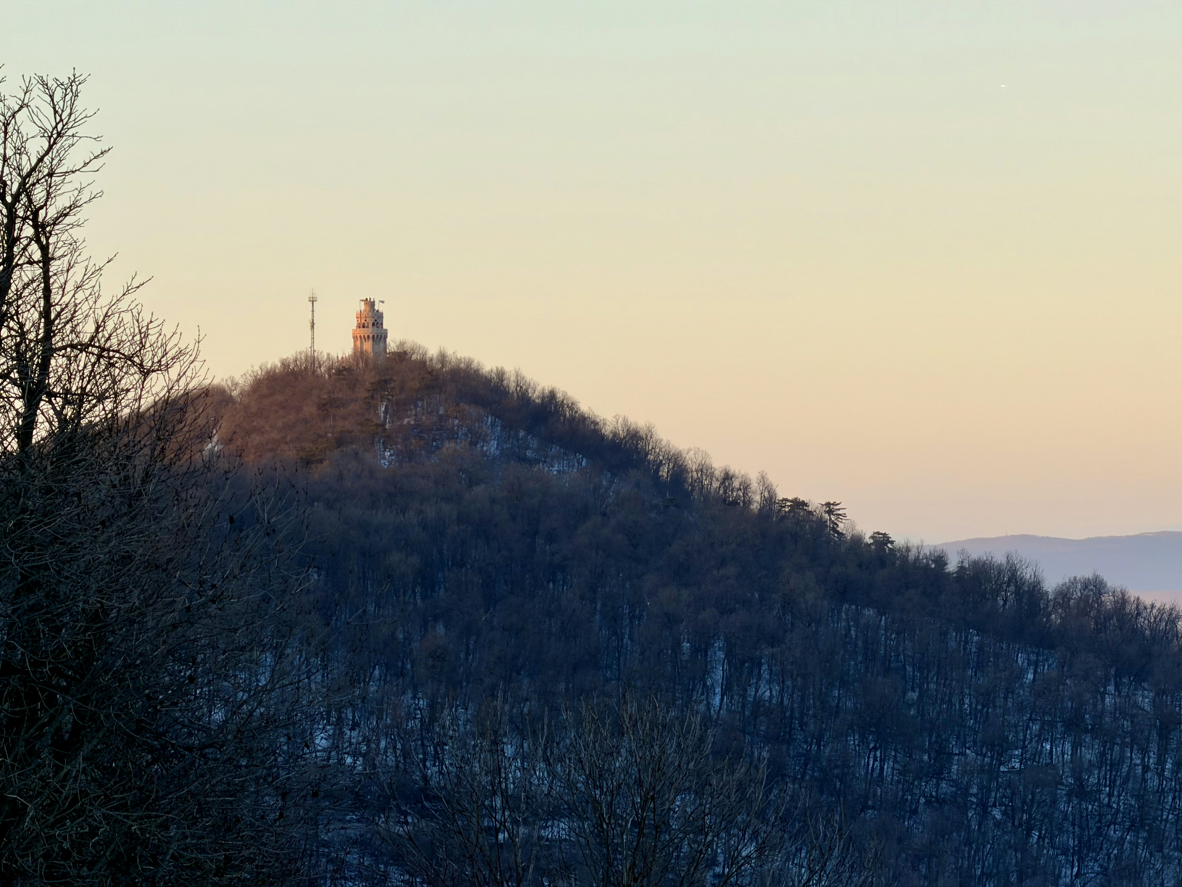 Sunset Beacon: Hilltop Structure Surrounded by Silent Pines